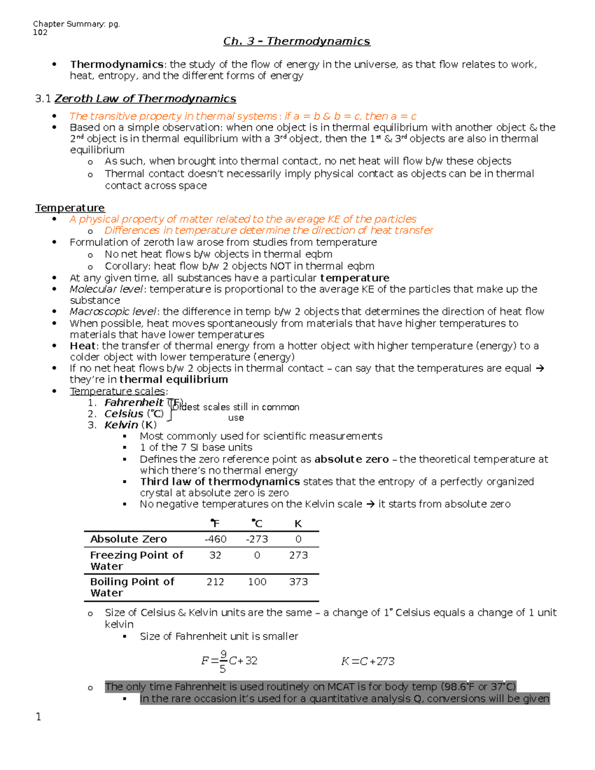 Thermodynamics sum notes - Ch. 3 – Thermodynamics Thermodynamics : the ...