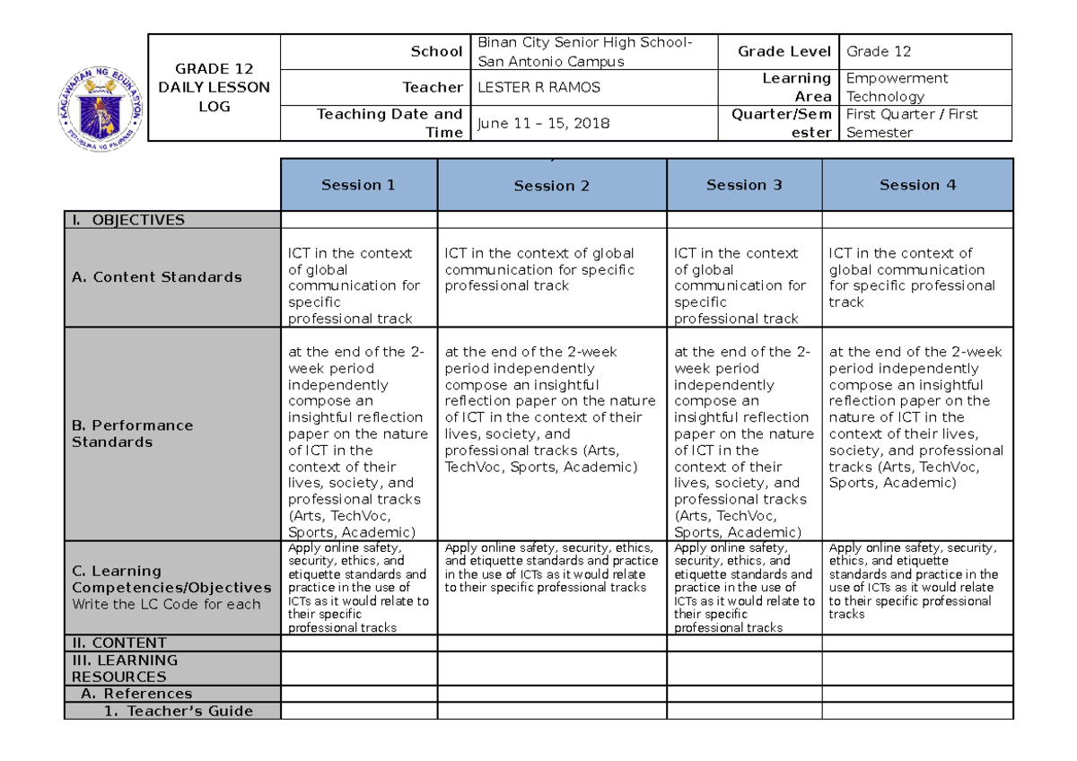417247804 Dll Empowerment Technology Week 2 - GRADE 12 DAILY LESSON LOG ...