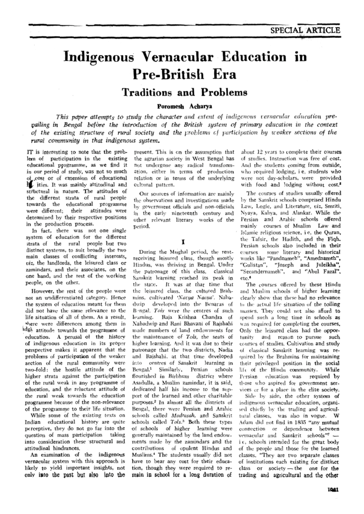 Special article indigenous vernacular education in pre british era ...