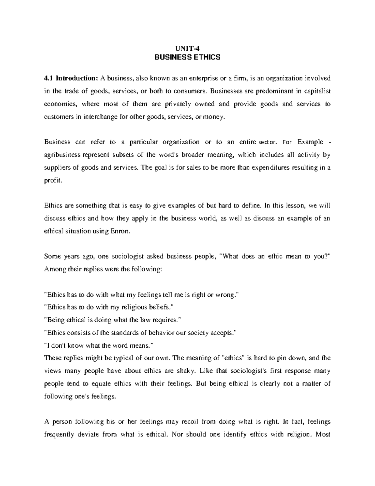 Unit 4 - BUSINESS ETHICS - UNIT- BUSINESS ETHICS 4 Introduction: A ...