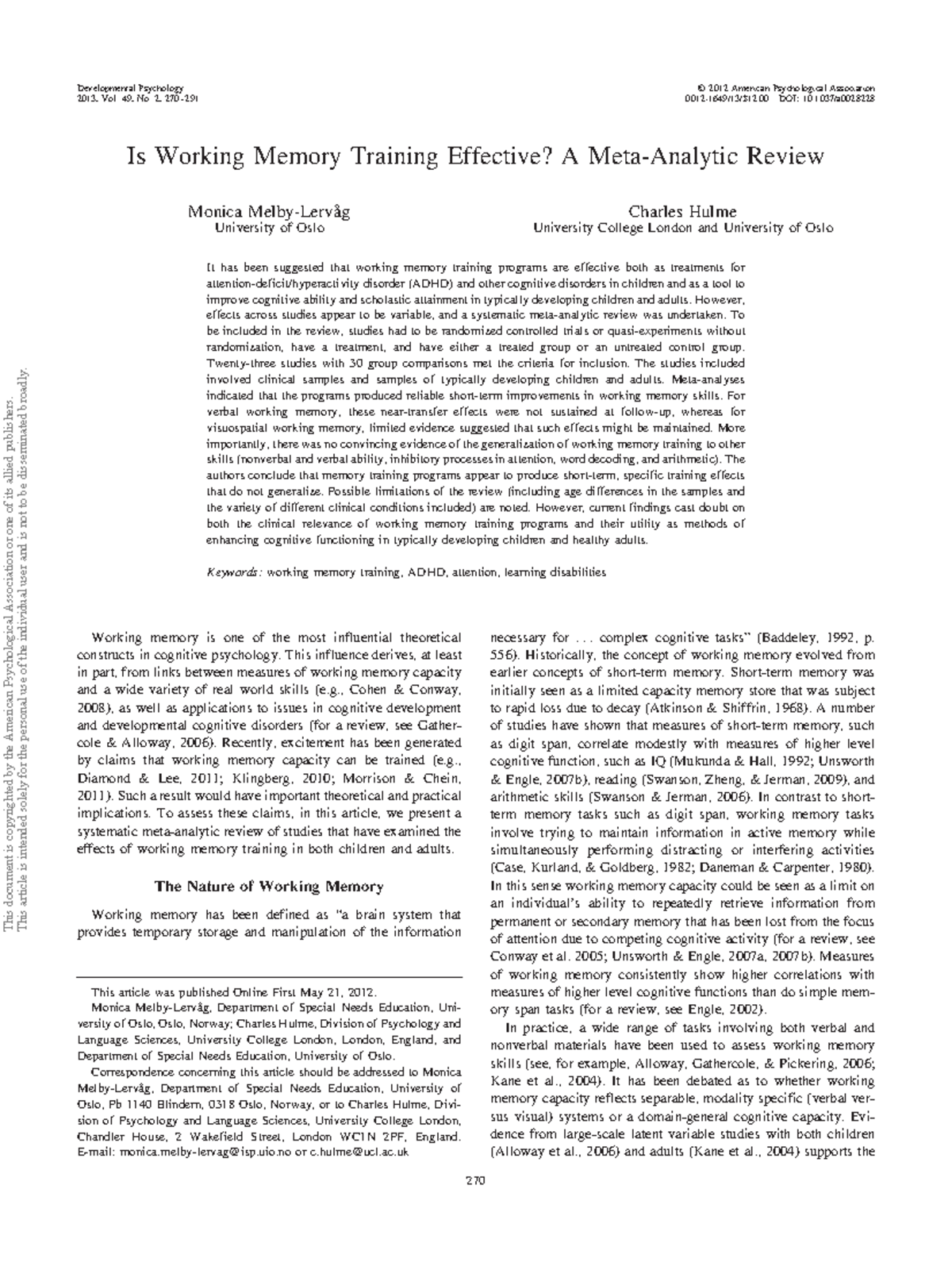 Melby-Lervåg and Hulme 2013 - Is Working Memory Training Effective? A ...