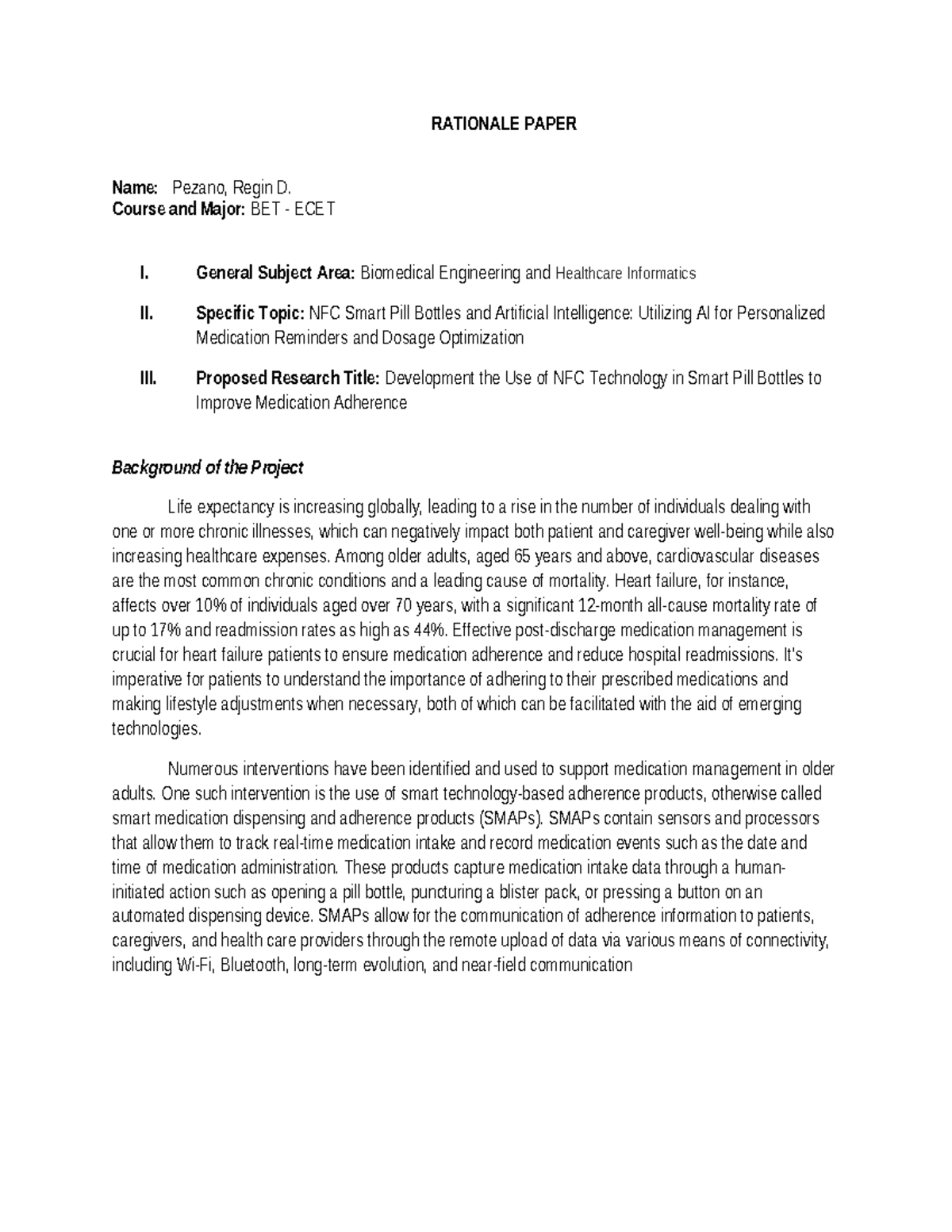 NEW- Rationale-pezano - RATIONALE PAPER Name: Pezano, Regin D. Course ...