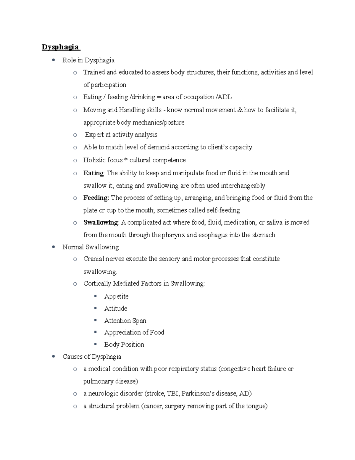 Dysphagia Lecture Notes - Dysphagia Role in Dysphagia o Trained and ...
