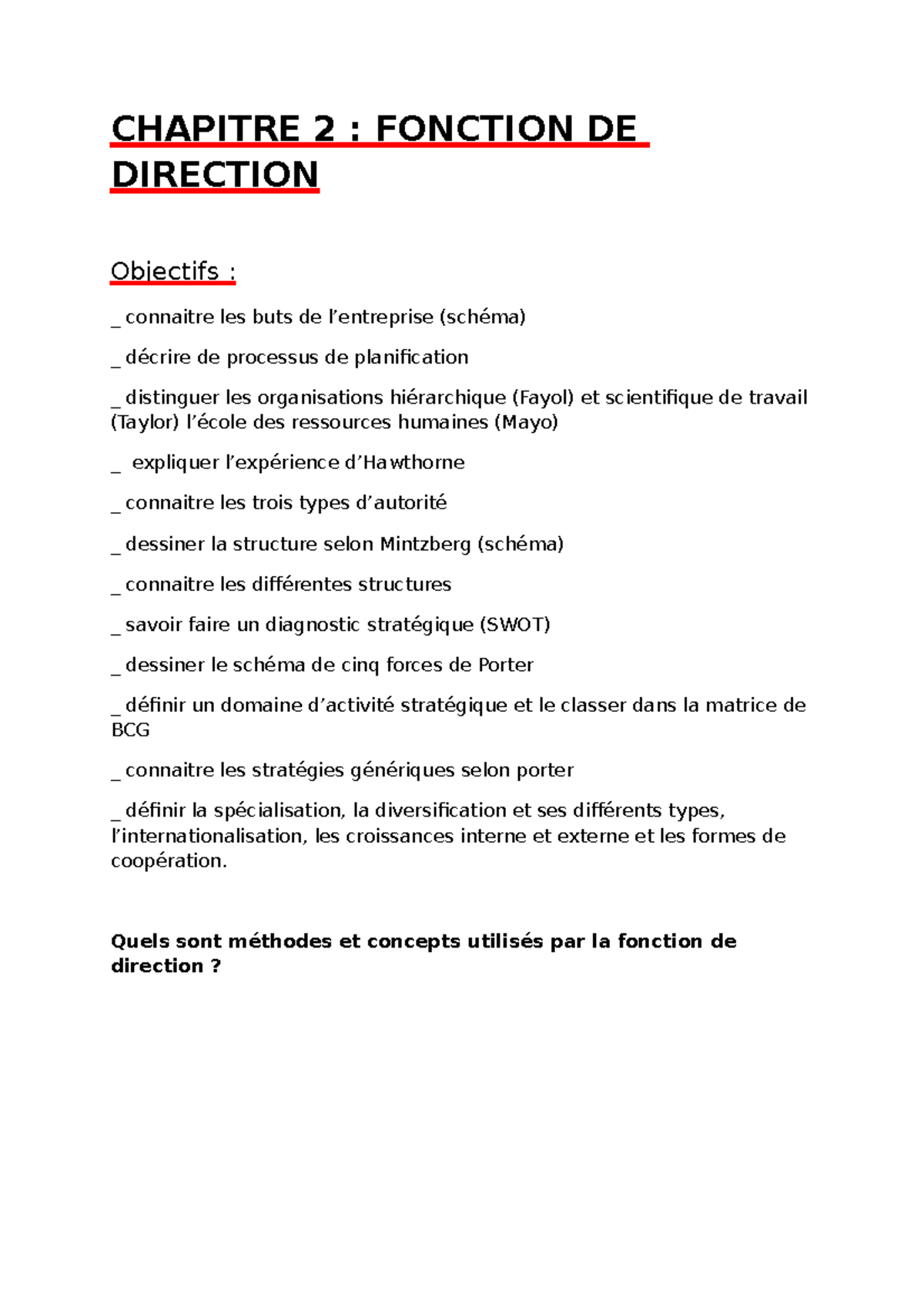 Chapitre direction 2 - CHAPITRE 2 : FONCTION DE DIRECTION Objectifs ...