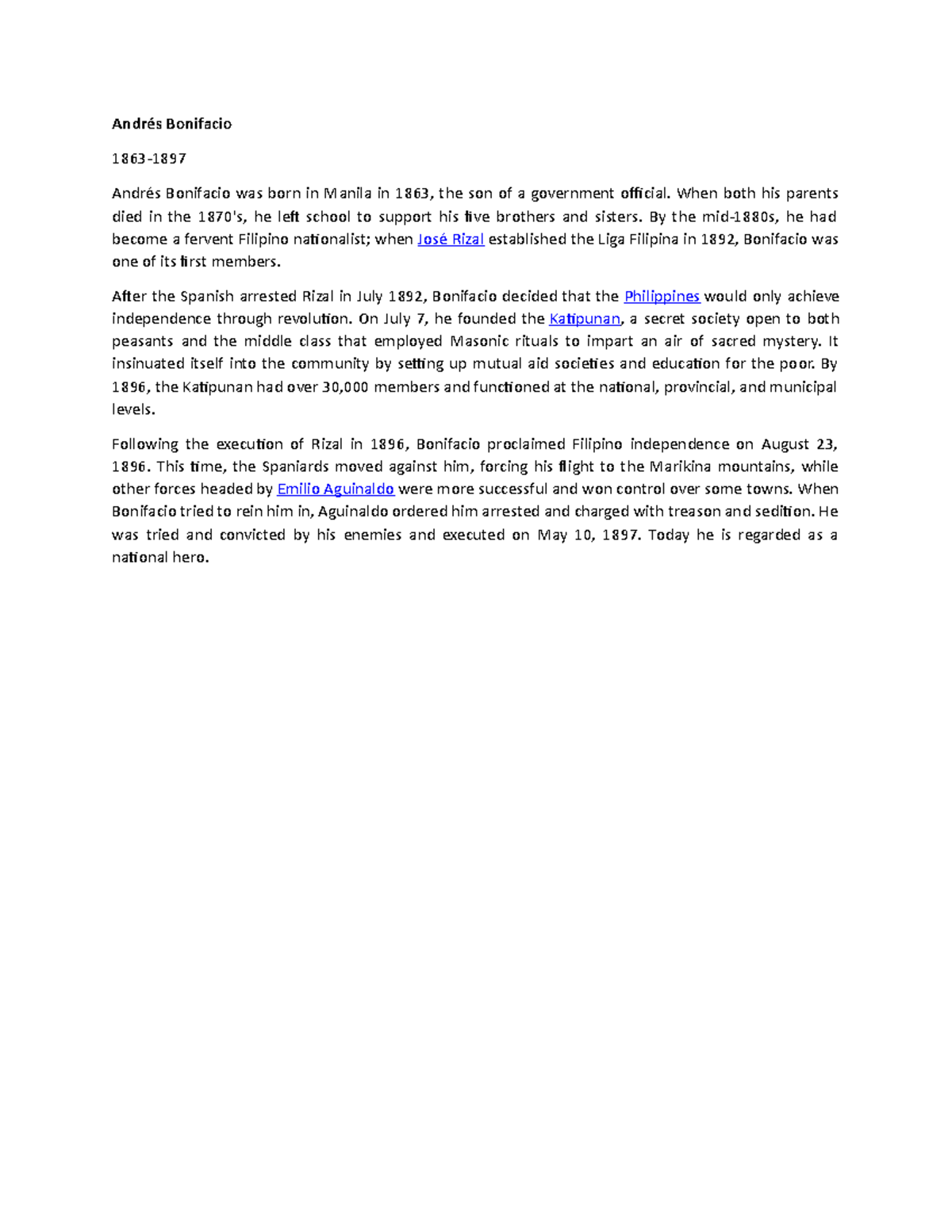 Andres Bonifacio - Andrés Bonifacio 1863- Andrés Bonifacio was born in ...