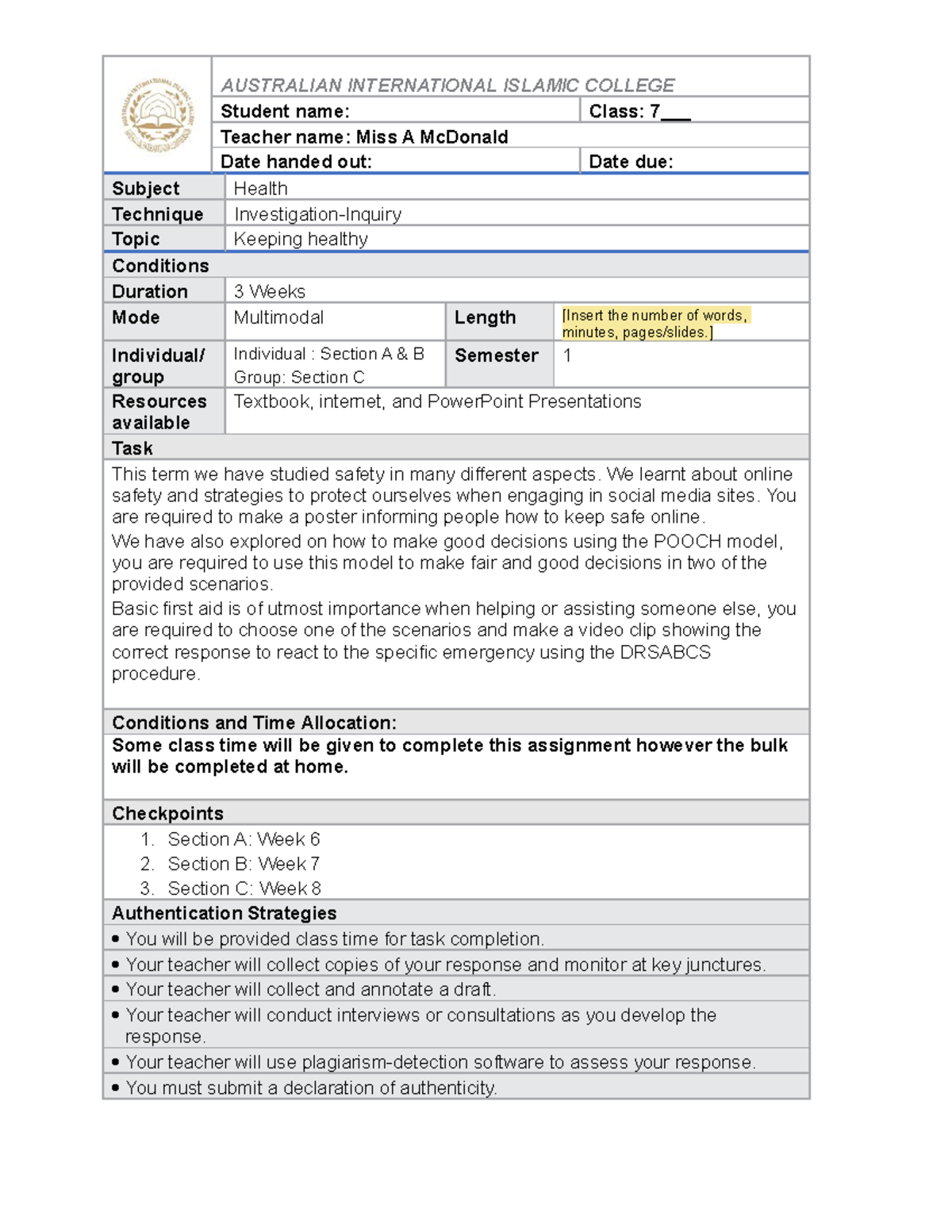 Year 7 Term 2 Health Assignment - AUSTRALIAN INTERNATIONAL ISLAMIC ...