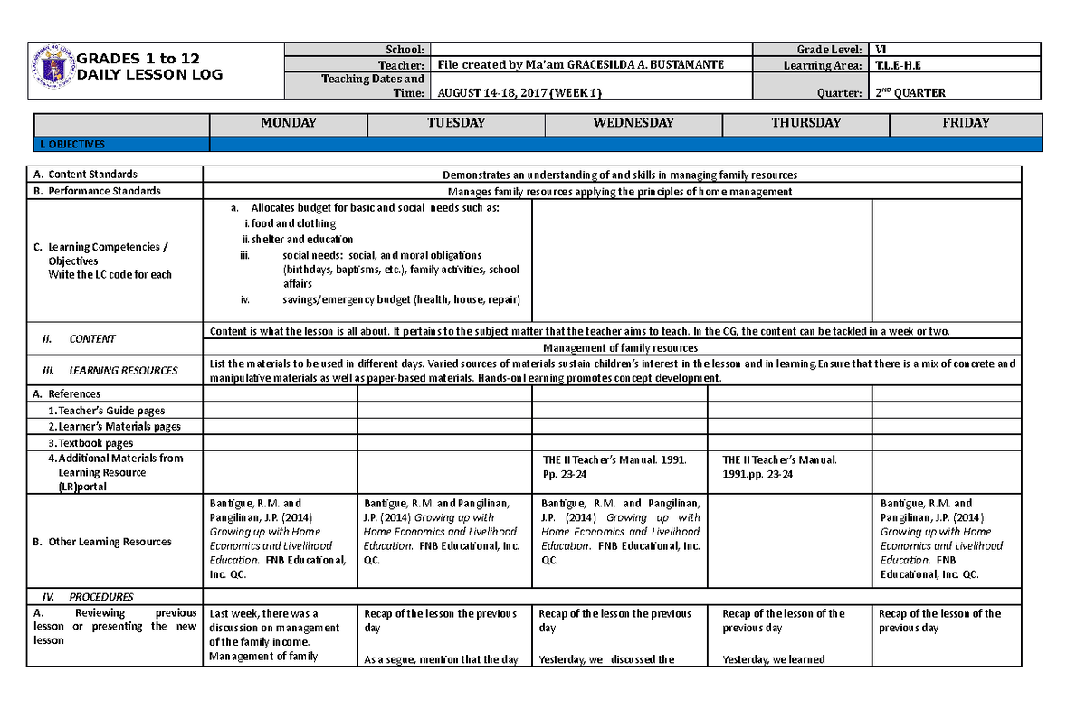 DLL TLE 6 Q2 W1 - aaaaaa - GRADES 1 to 12 DAILY LESSON LOG School ...