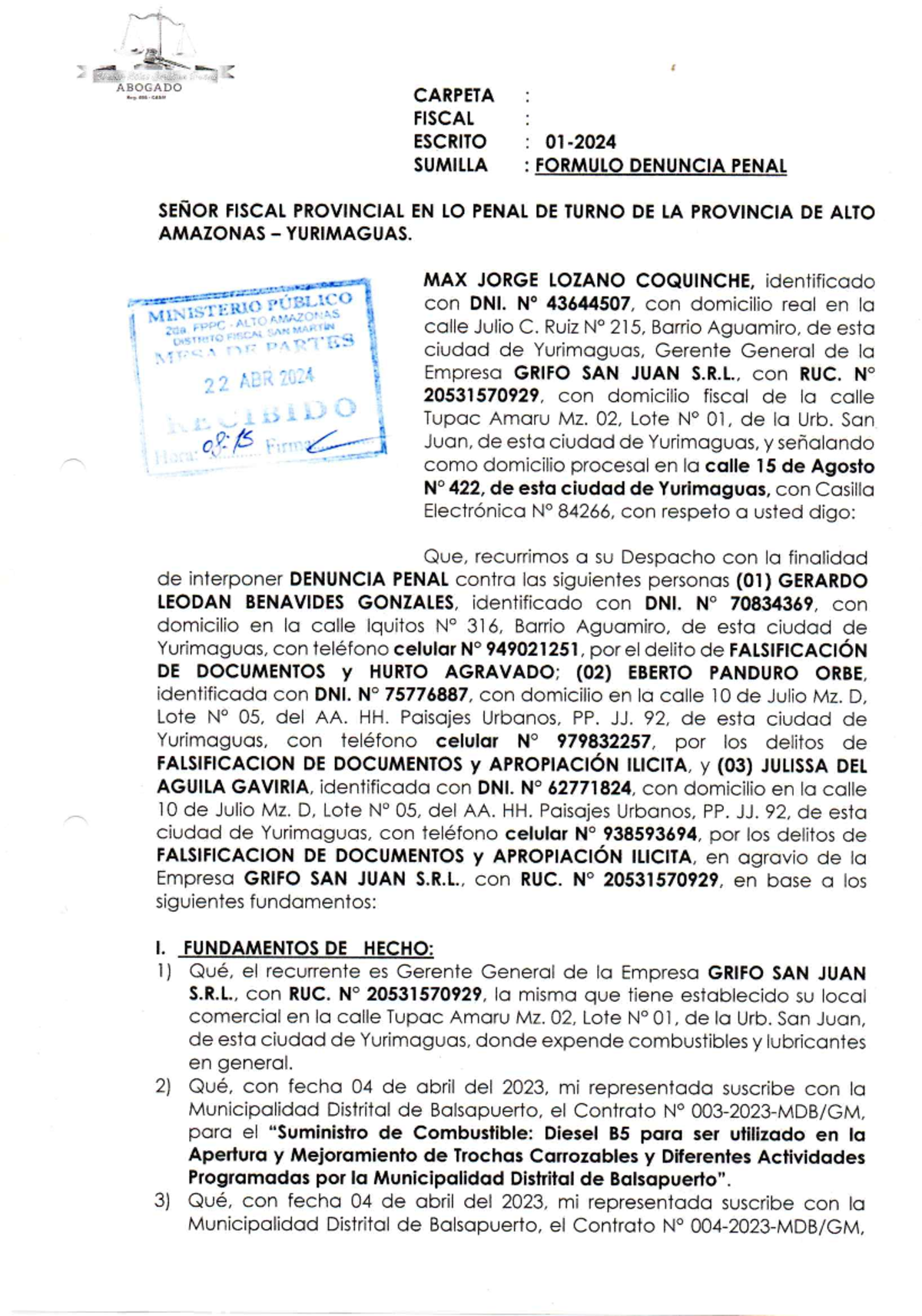 Denuncia Penal MAX Lozano - ABOGADO CARPETA FISCAL ESCRITO : SUMILLA ...