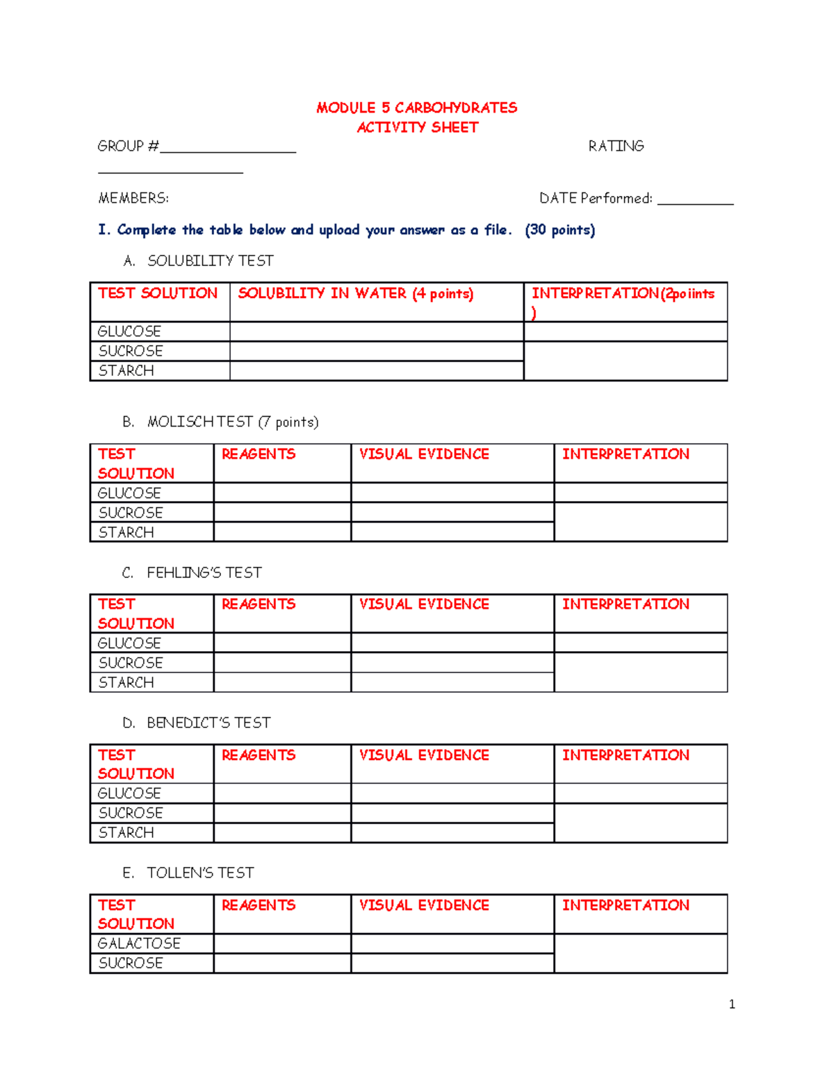 Module 5 Carbohydrates Activity Sheet - MODULE 5 CARBOHYDRATES ACTIVITY ...