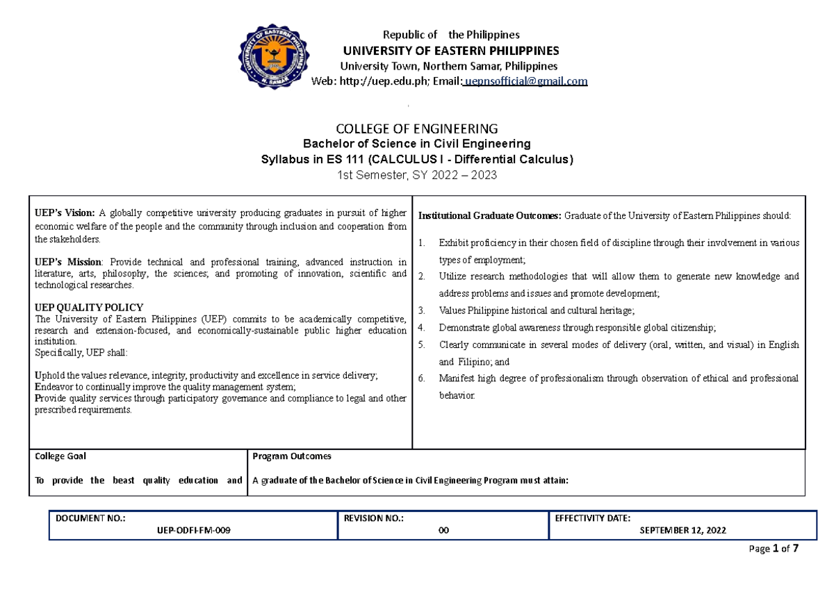 Differential-Calculus-Syllabus - COLLEGE OF ENGINEERING Bachelor of ...