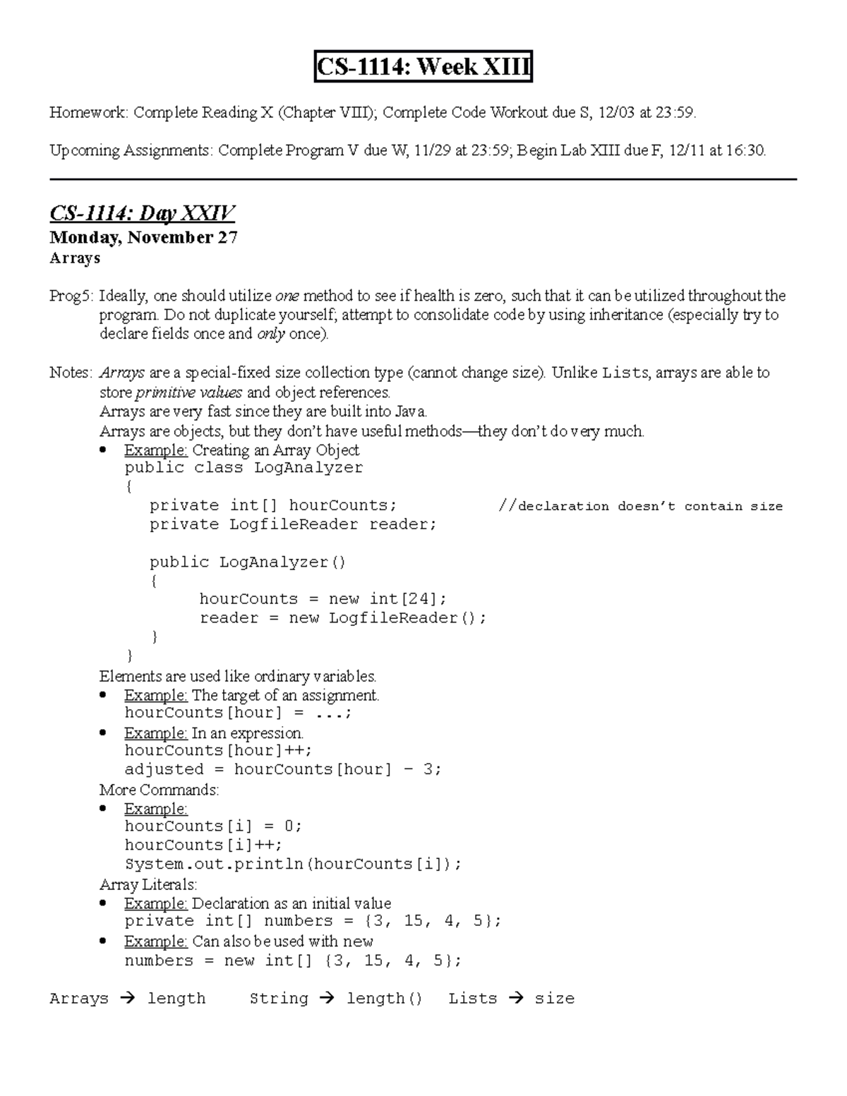 CS-1114 - Notes - Week 13 - CS-1114: Week XIII Homework: Complete ...