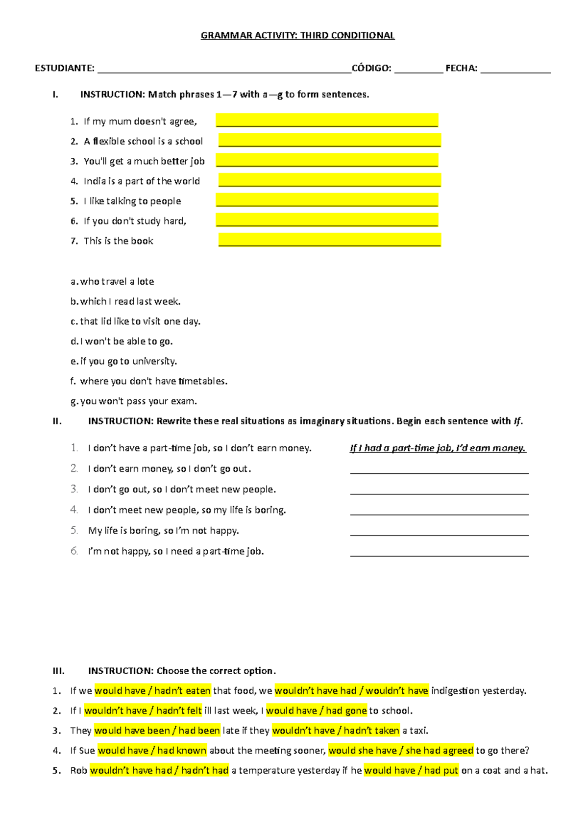 Ingles- GRAMMAR ACTIVITY: THIRD CONDITIONAL - GRAMMAR ACTIVITY: THIRD ...