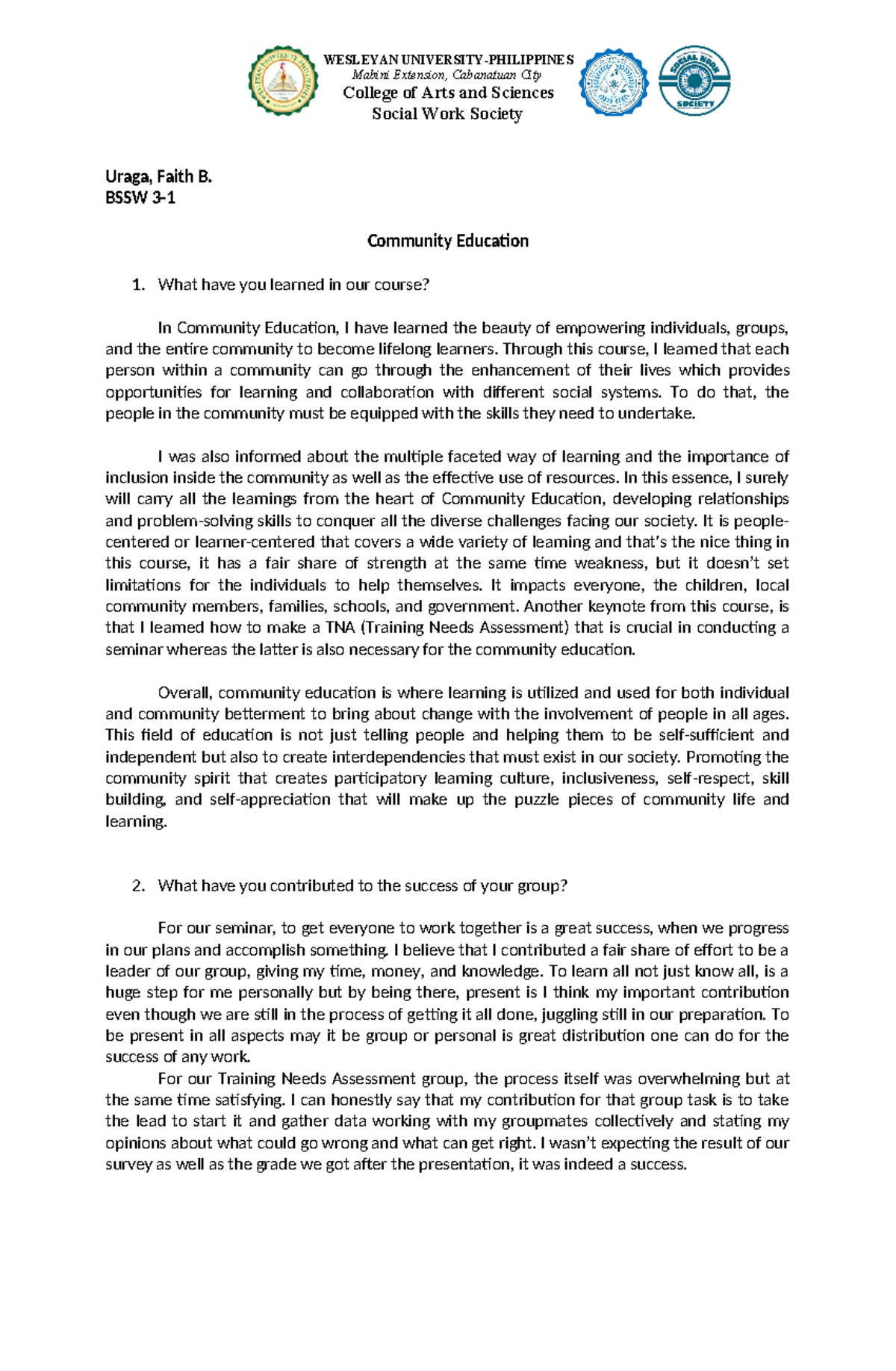 Personal- Assessment- Uraga - WESLEYAN UNIVERSITY-PHILIPPINES Mabini ...