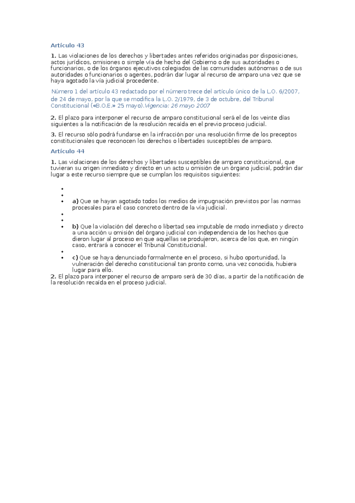 Artículo 43 Y 44 LOTC - Artículo 43 Las violaciones de los derechos y ...