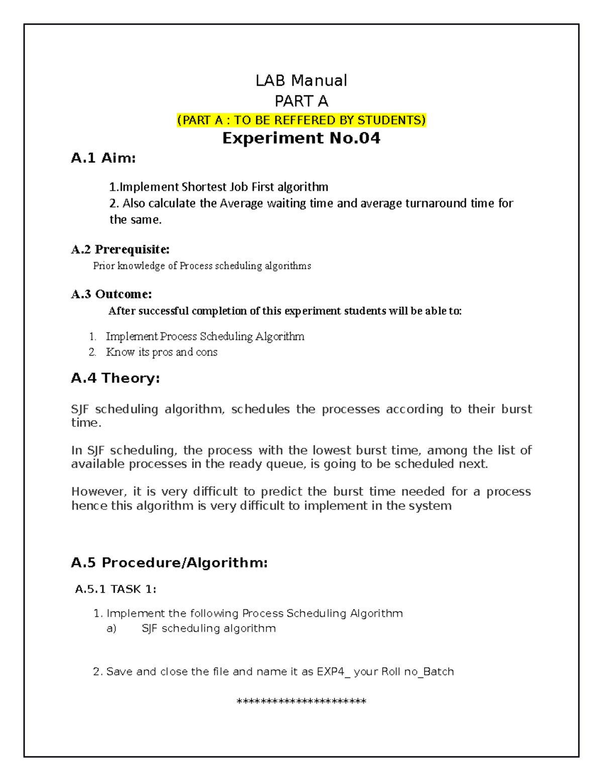 scheduling oerating system - LAB Manual PART A (PART A : TO BE REFFERED BY STUDENTS) Experiment ...
