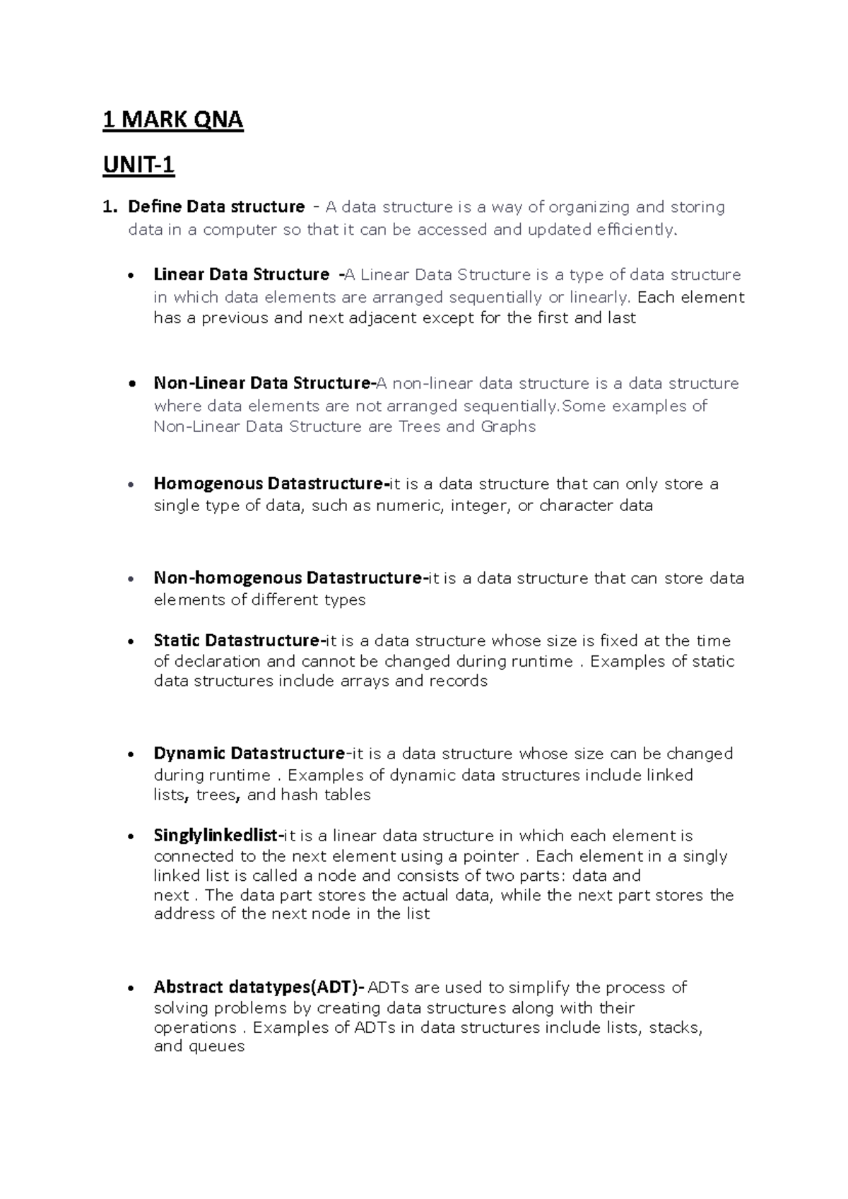 1 MARK QNA(DS) - 1 MARK QNA UNIT- 1 1. Define Data structure - A data ...