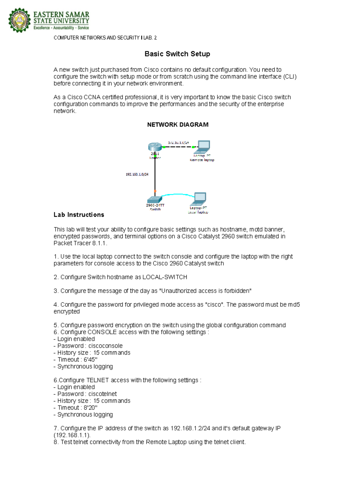 CNS Lab 2 est - its an manual - COMPUTER NETWORKS AND SECURITY I LAB. 2 Basic Switch Setup A new ...