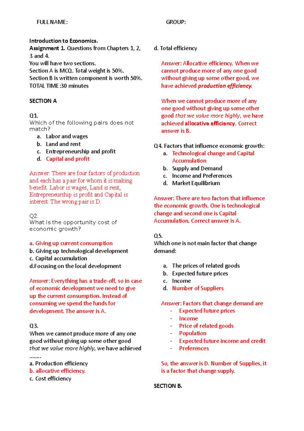 Quiz 1. Answers - The solutions for a quiz - Introduction to Economics ...