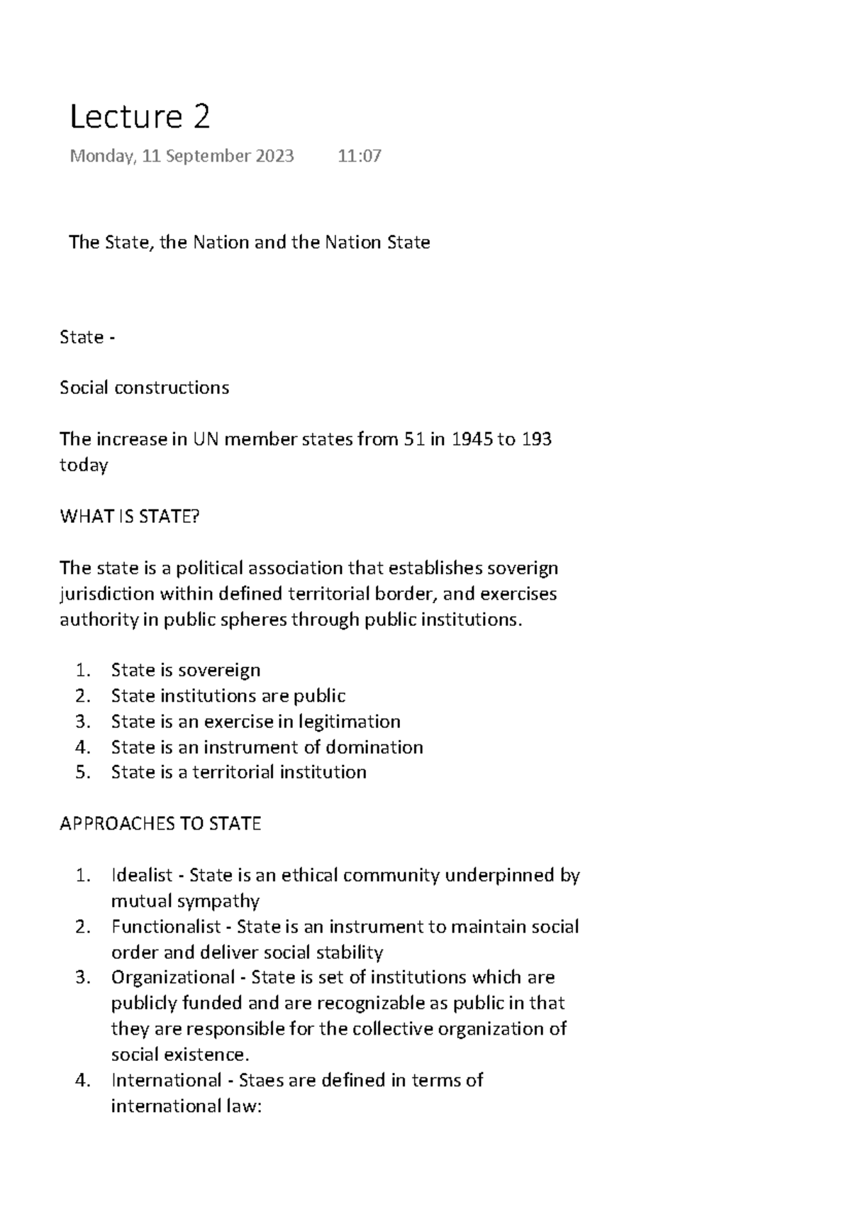 SPC Lecture 2 Notes - The State, the Nation and the Nation State State ...