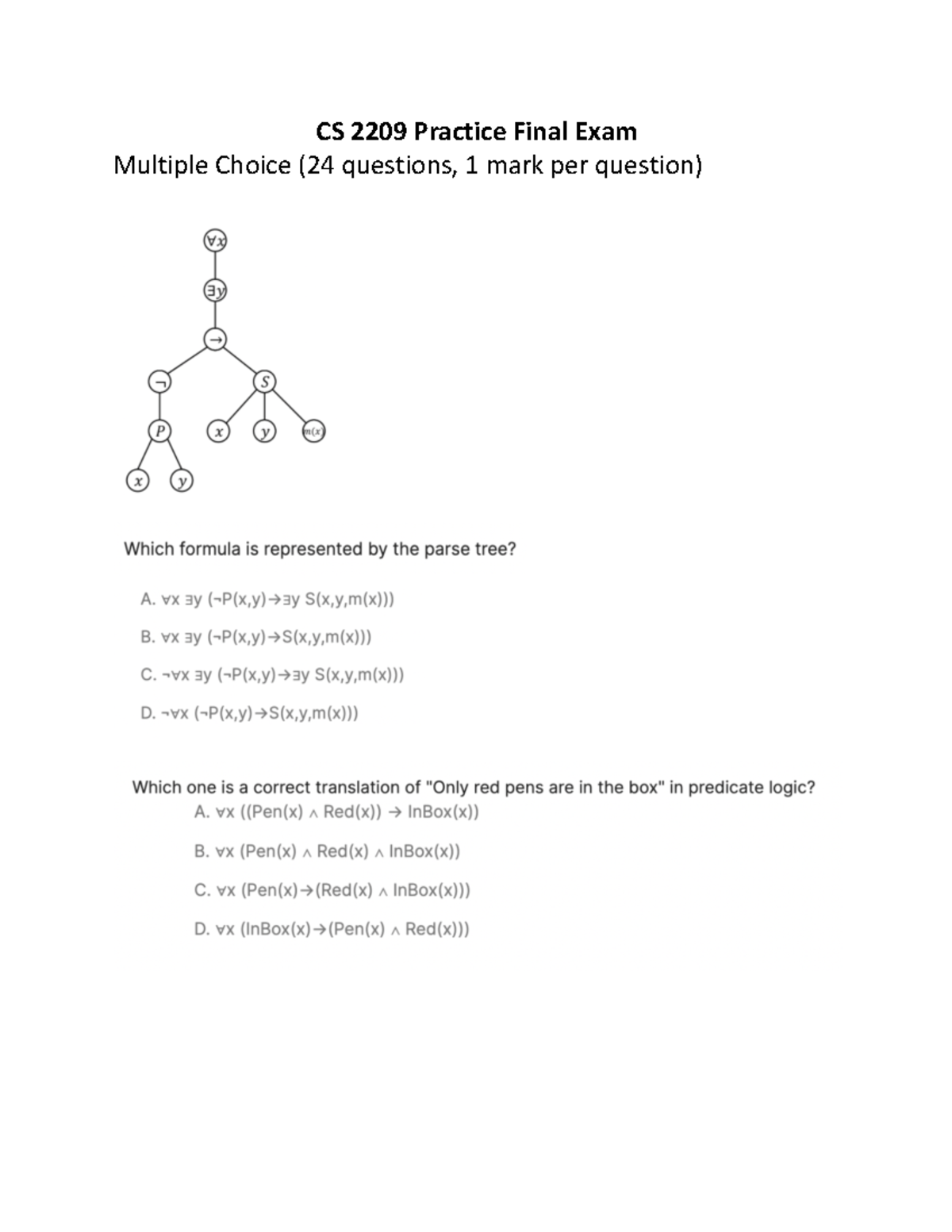 CS 2209 Practice Final Exam - CS 2209 Practice Final Exam Multiple ...