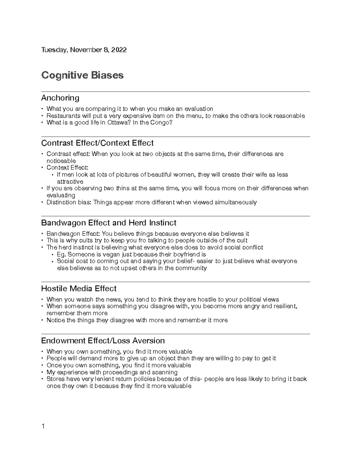 CGSC 1001- Cognitive Biases - Tuesday, November 8, 2022 Cognitive Biases Anchoring What you are ...
