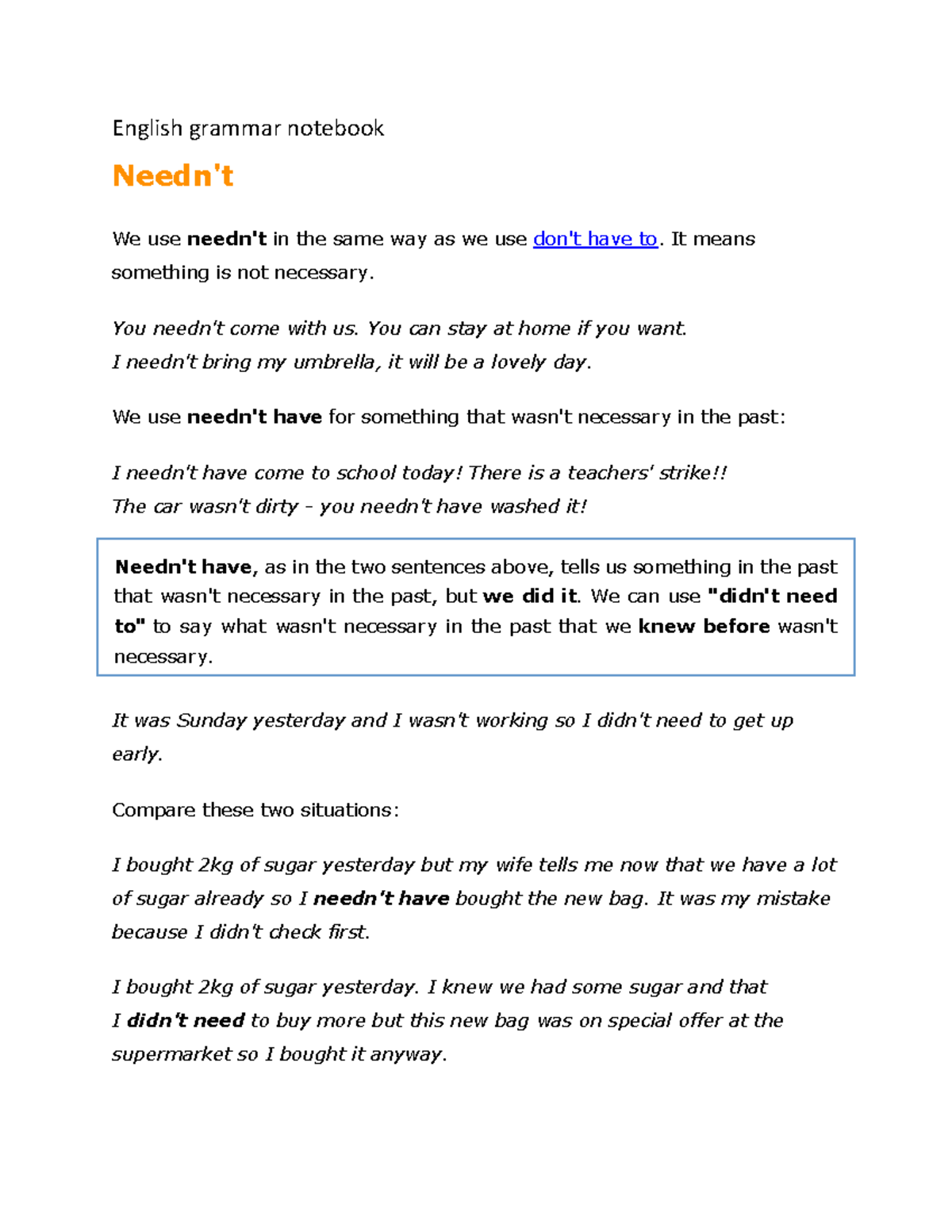 rule on Needn't - English grammar notebook Needn't We use needn't in ...