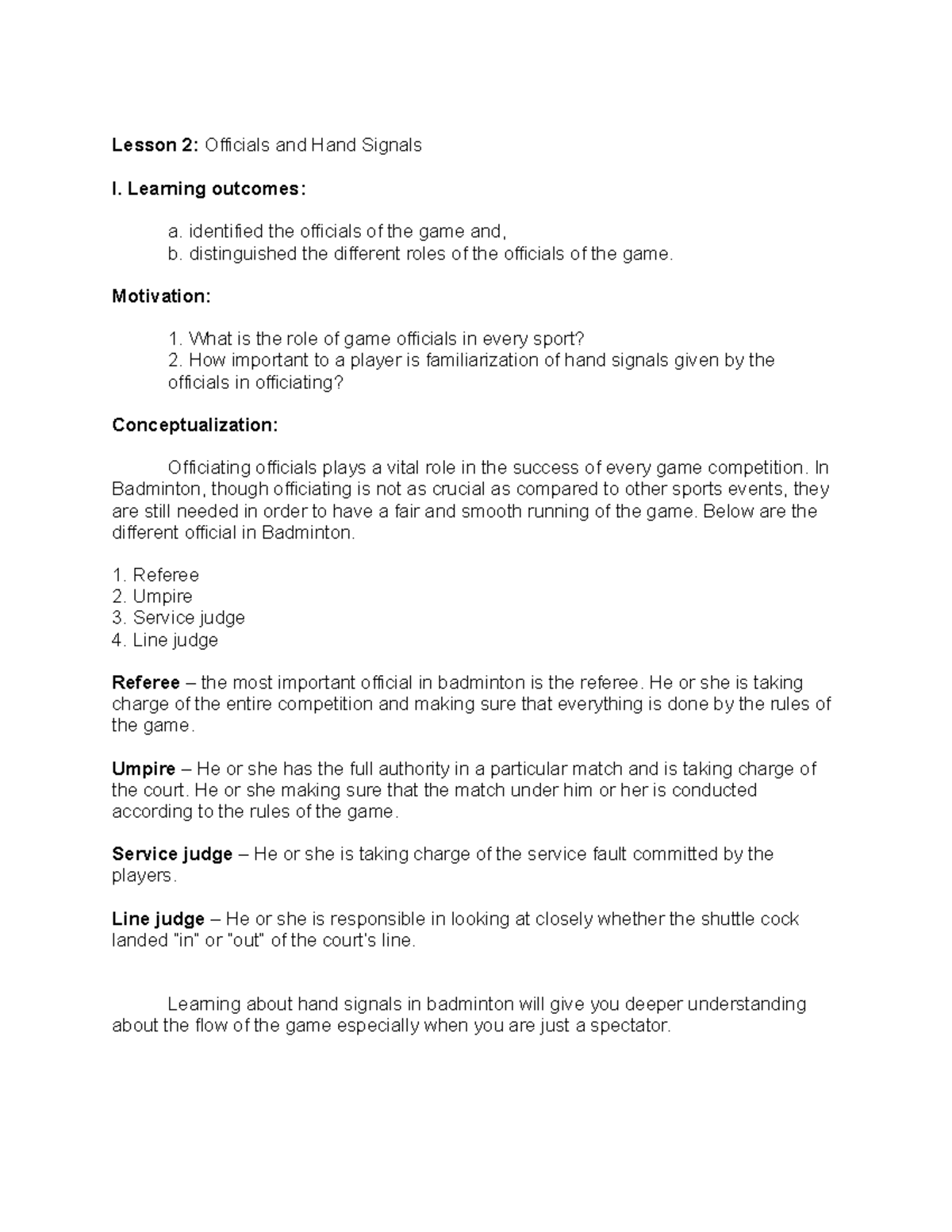 PE 2 U3 L2 - PHYSICAL EDUCATION UNIT 3 LESSON 2 - Lesson 2: Officials ...