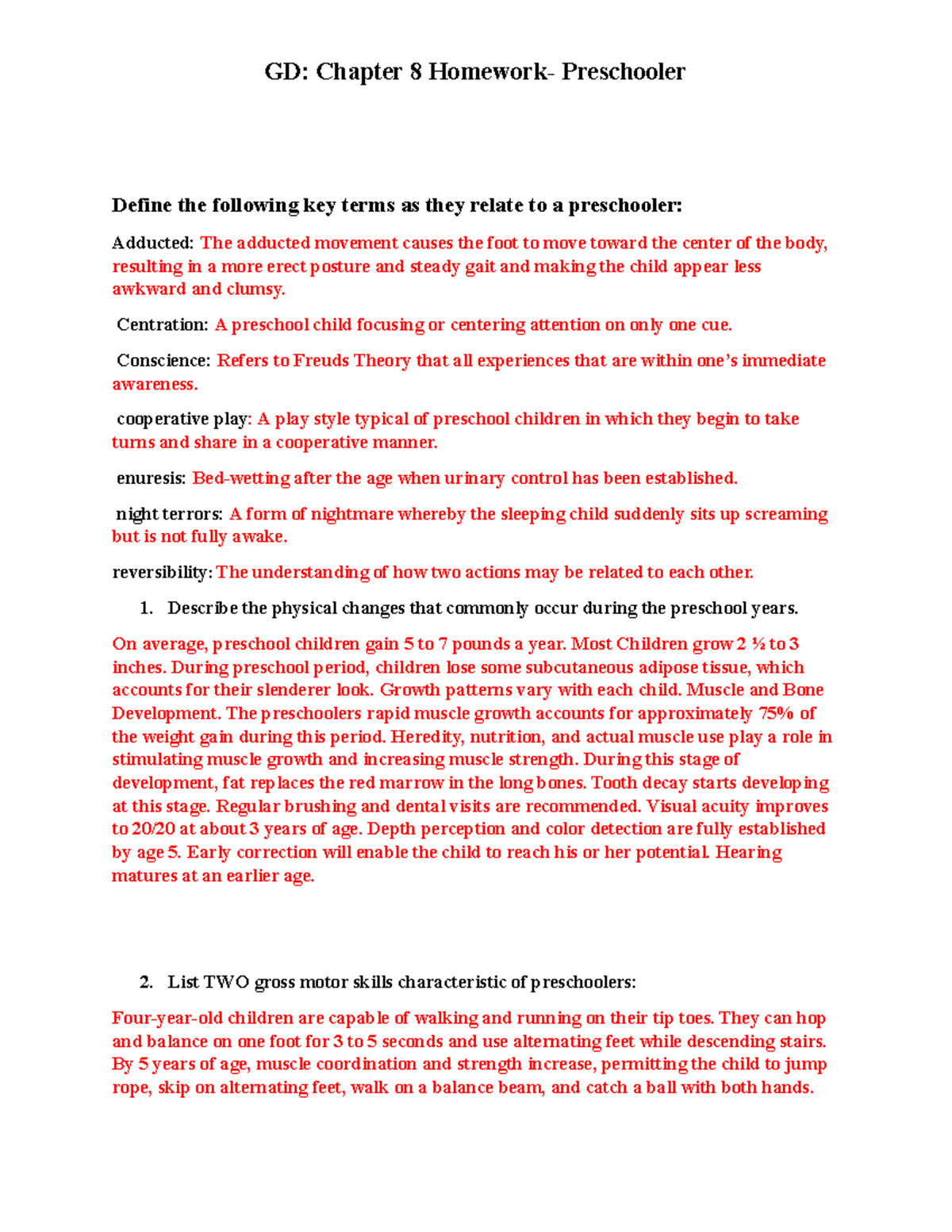 GD Chapt 8 Homework - GD: Chapter 8 Homework- Preschooler Define the ...