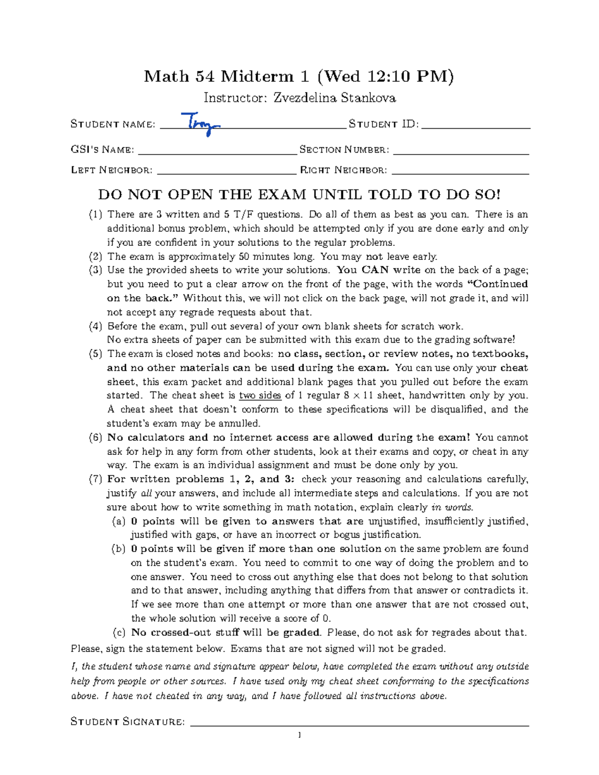 54F24 Practice Midterm 1 Exam Spring 2013 Annotated - Math 54 Midterm 1 (Wed 12:10 PM ...