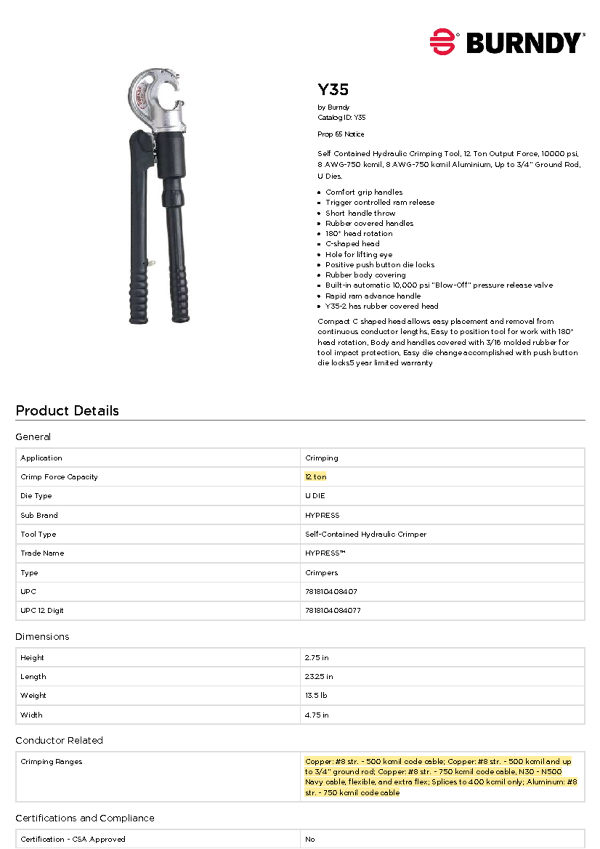 Burndy Y35 Specsheet - Product Details General Application Crimping Crimp Force Capacity 12 ton ...