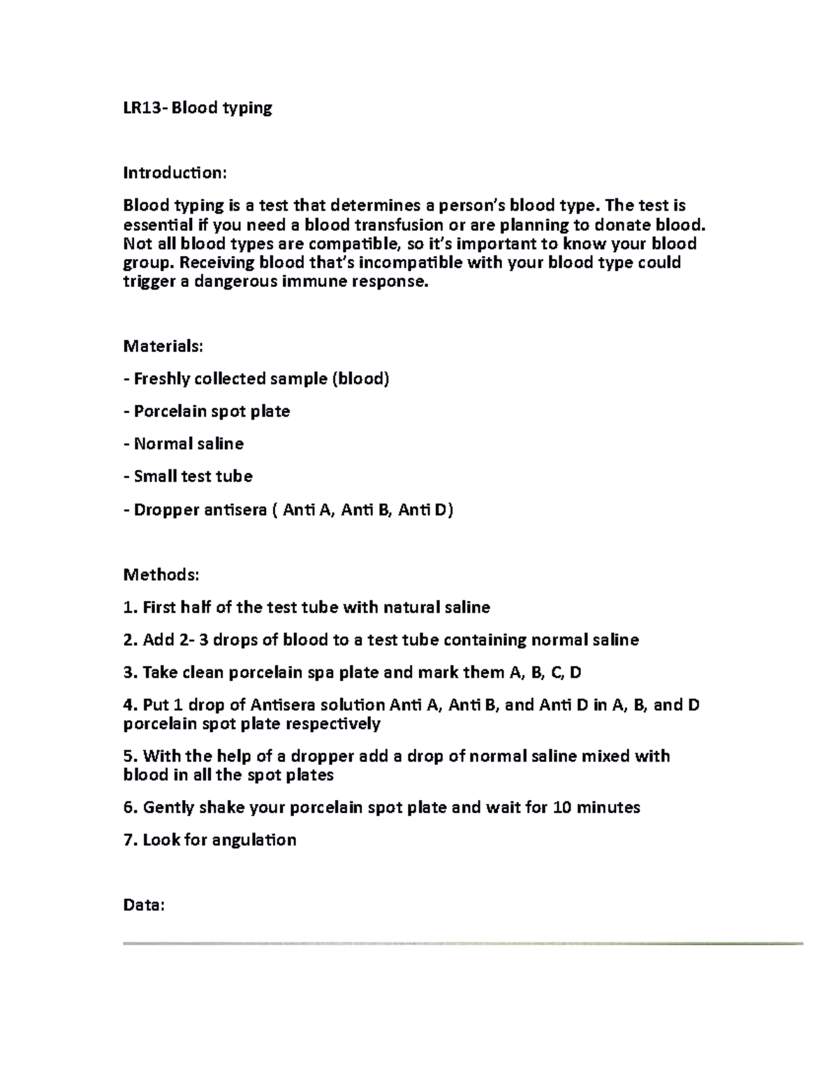 LR13 - LABORATORY ACTIVITTY - LR13- Blood typing Introduction: Blood ...