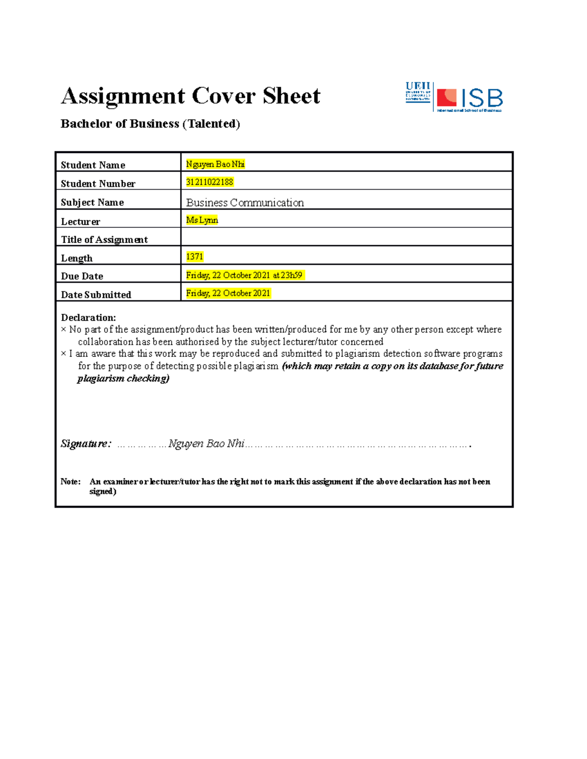 LPA2 31211022188 Nguyen Bao Nhi-BC1 - Assignment Cover Sheet Bachelor ...