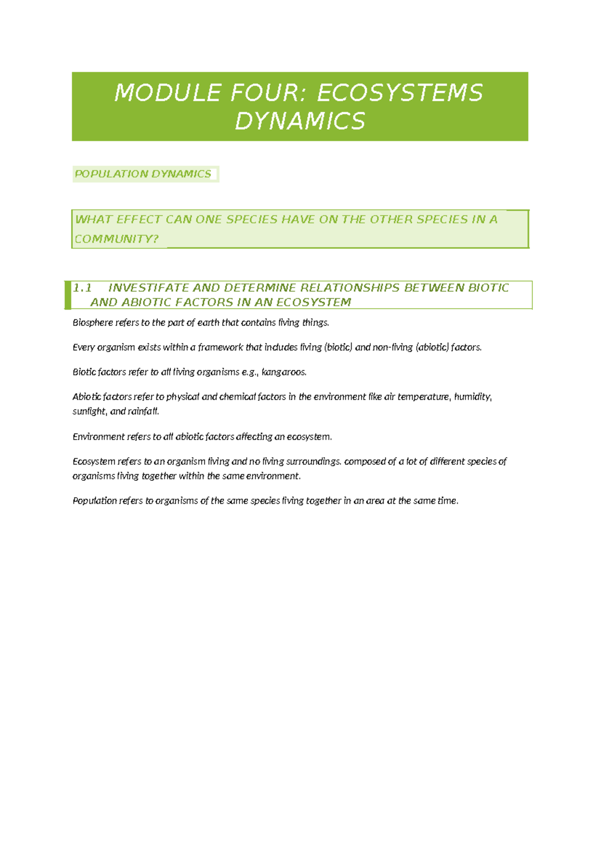 Ecosystem Dynamics Notes - MODULE FOUR: ECOSYSTEMS DYNAMICS POPULATION ...