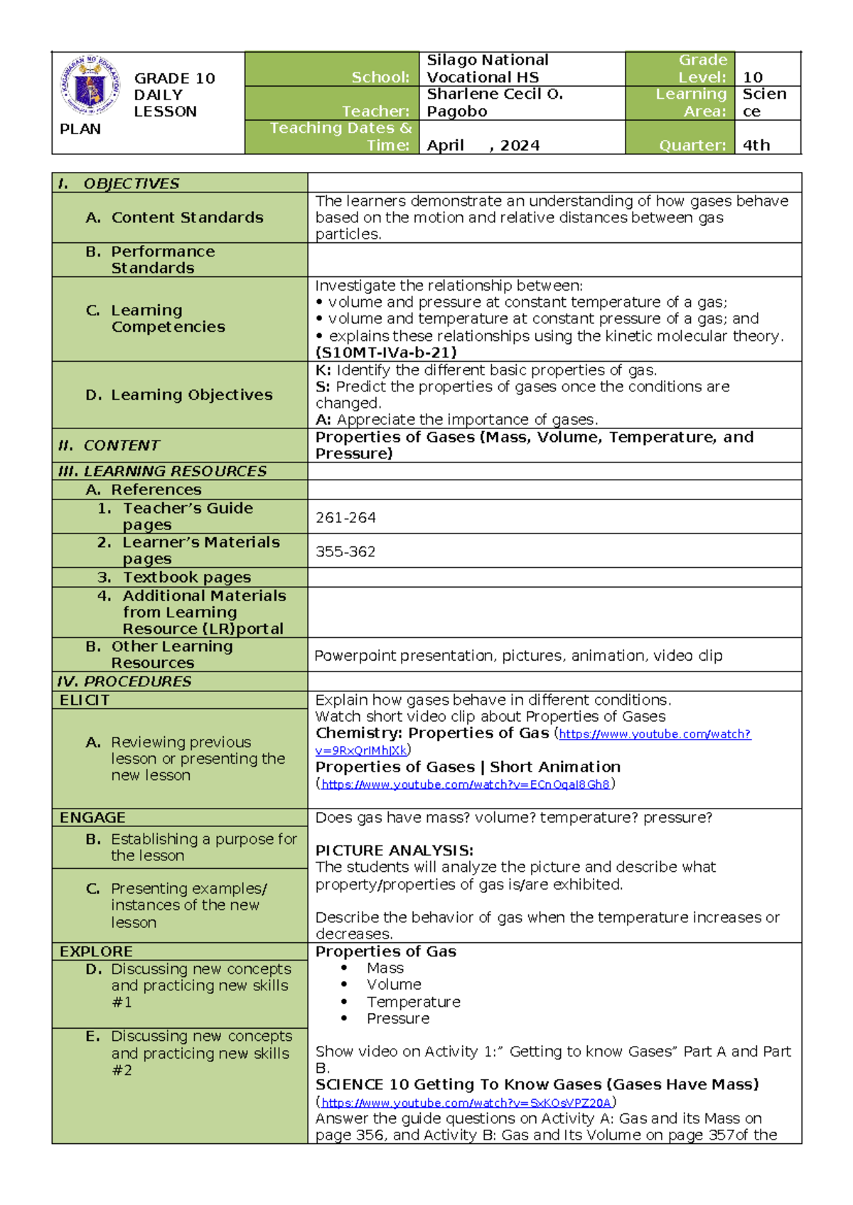 Science 10-DLP1-Properties of Gases - GRADE 10 DAILY LESSON PLAN School ...
