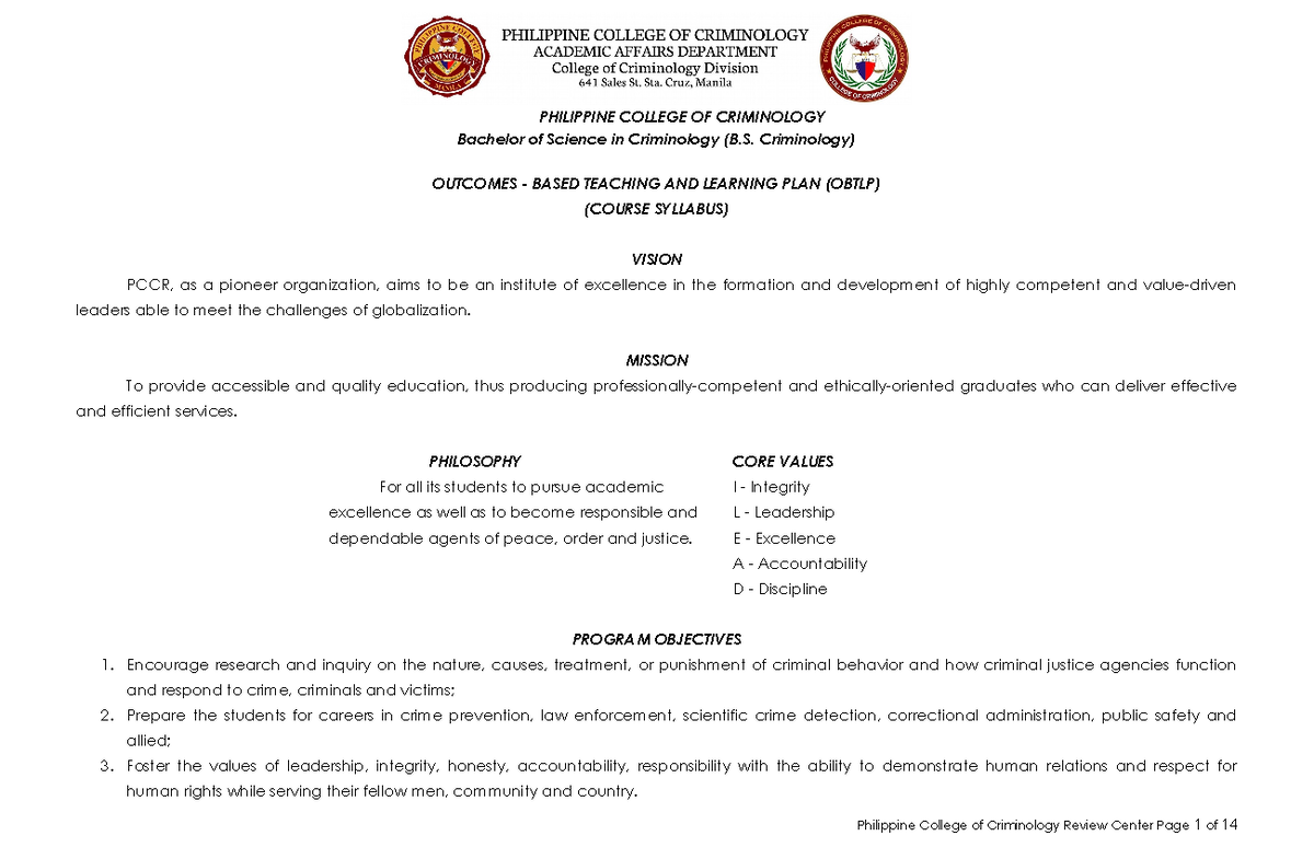 CFLM- Syllabus 2023 - PHILIPPINE COLLEGE OF CRIMINOLOGY Bachelor of ...