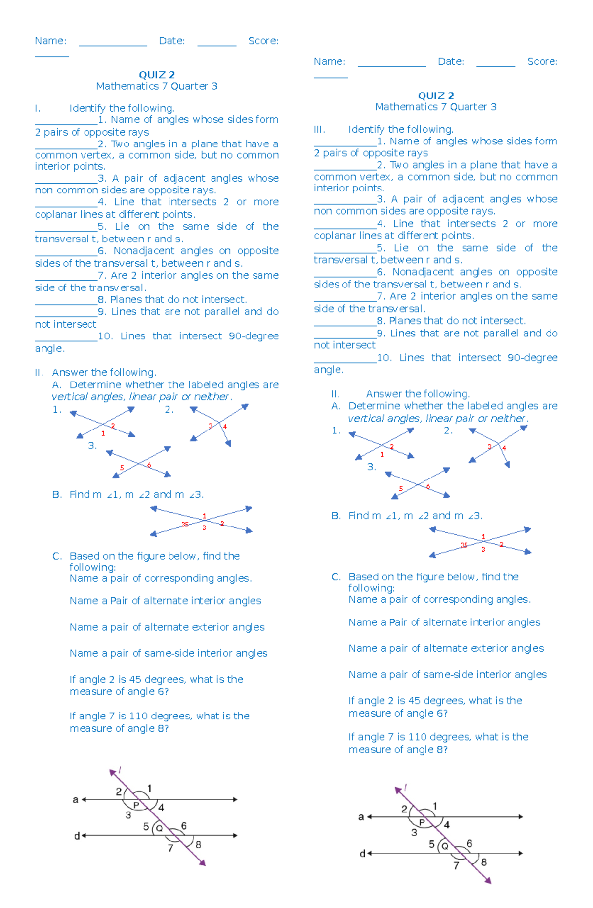 QUIZ 2 - personal made - Name: ______________ Date: ________ Score ...