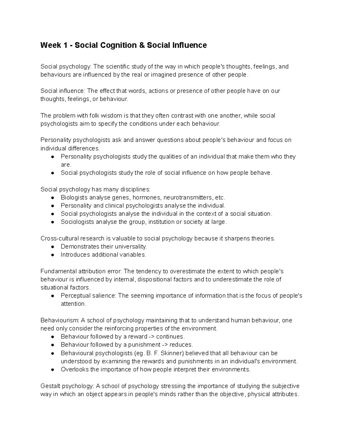 PSY2042 Exam Notes - Week 1 - Social Cognition & Social Influence ...