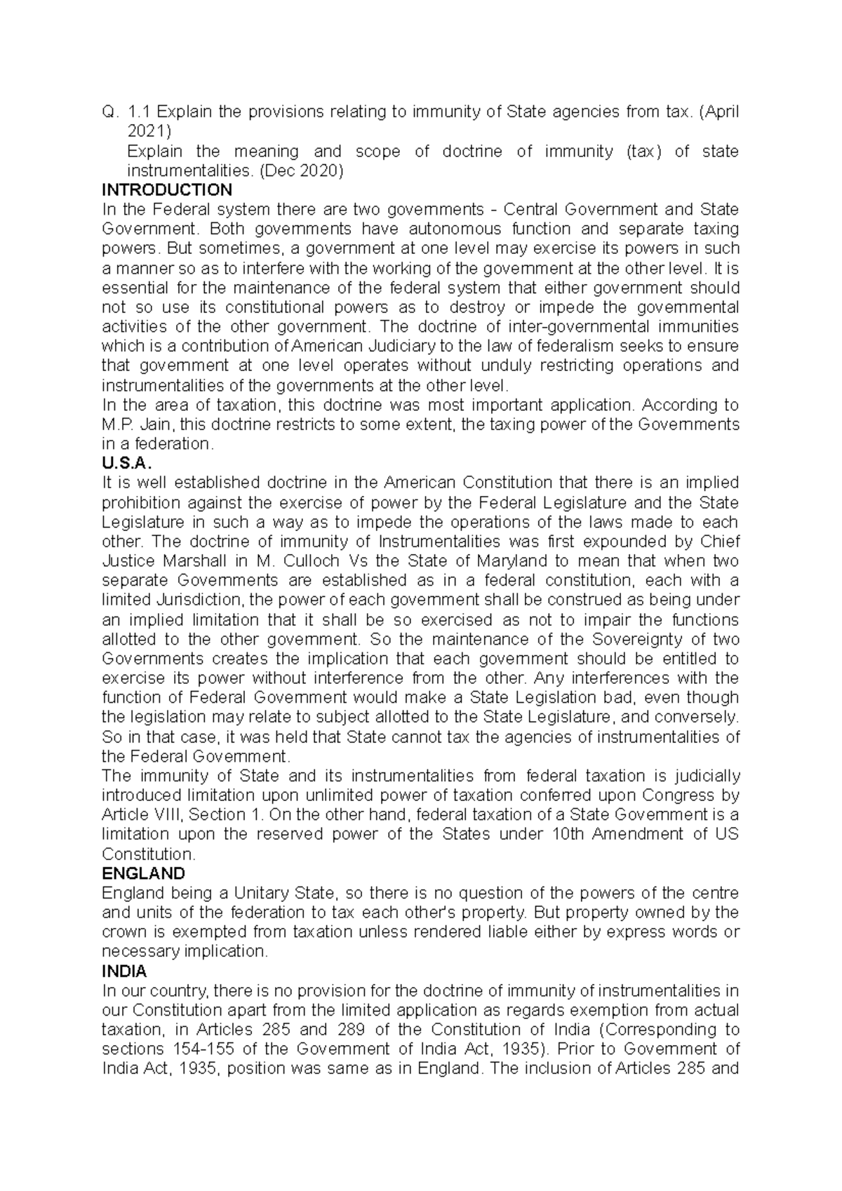 1.1 Provisions immunity of state agencies from tax - Q. 1 Explain the ...