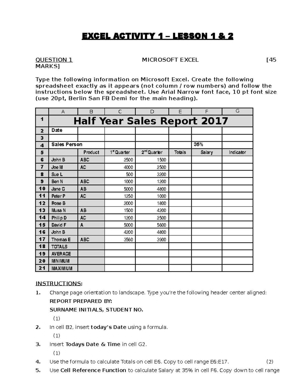 Excel Activity 1 - Lesson 1 & 2 - EXCEL ACTIVITY 1 – LESSON 1 & 2 ...