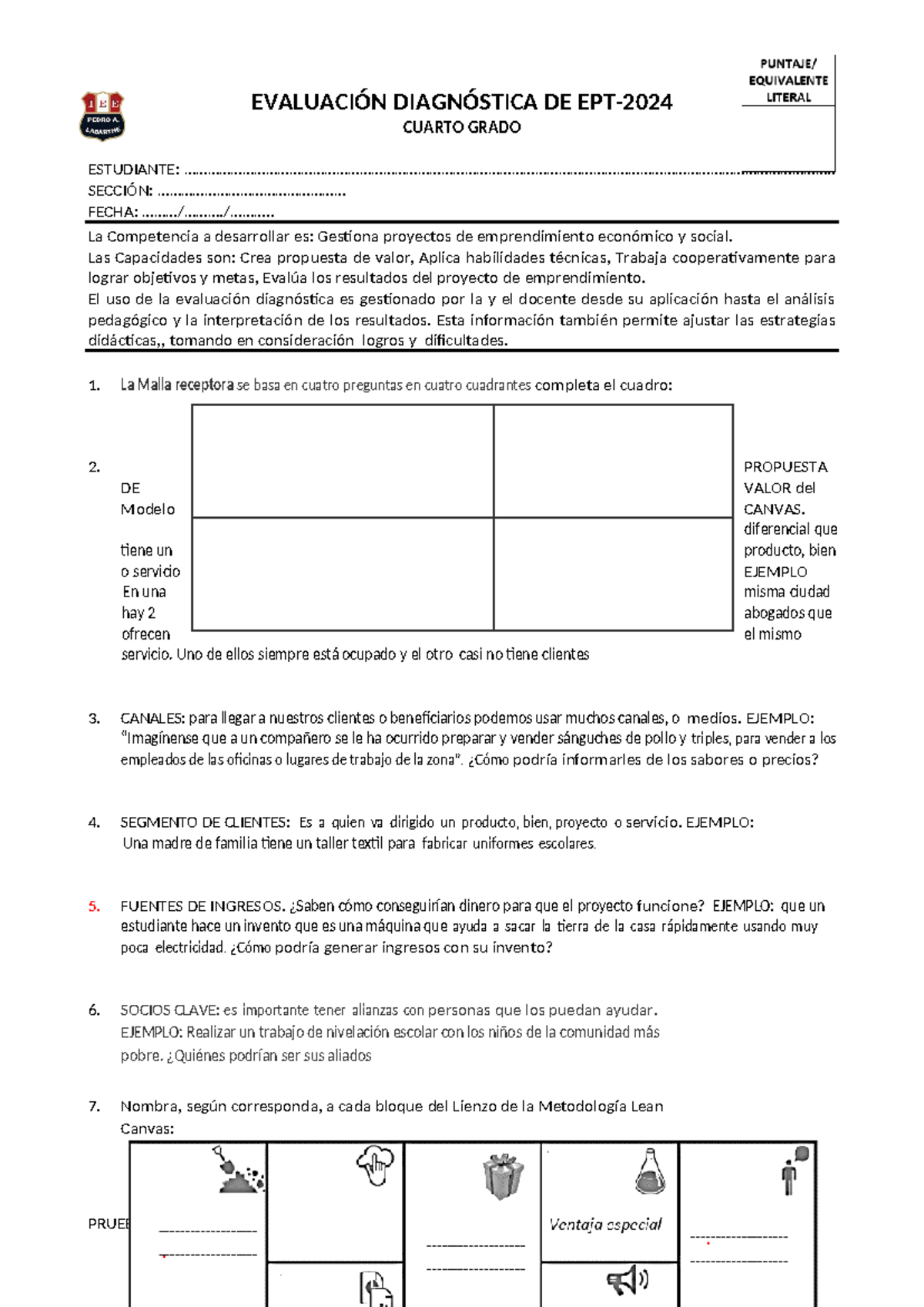 evaluacion diagnostica - PRUEBA DIAGNÓSTICA DE CUARTO GRADO-EPT 1 EVALUACIÓN DIAGNÓSTICA DE EPT ...