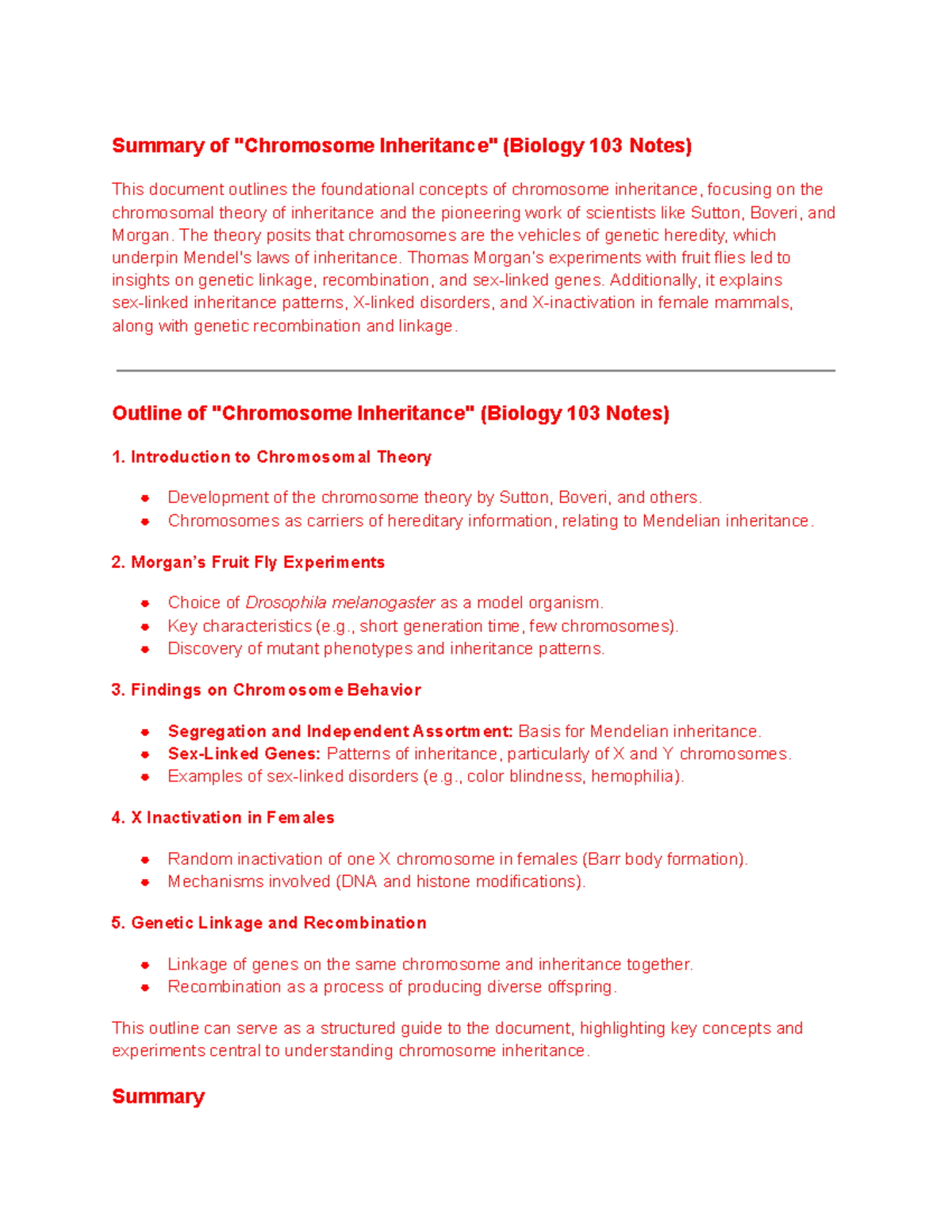 Bio exam 4 Summaries - Google Docs - Summary of "Chromosome Inheritance ...