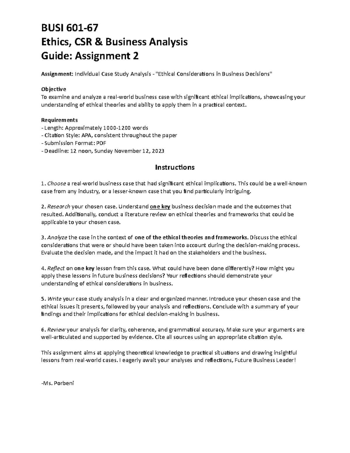 Assignment 2- Ethical Case Study BUSI 601-67 - BUSI 601- 67 Ethics, CSR ...