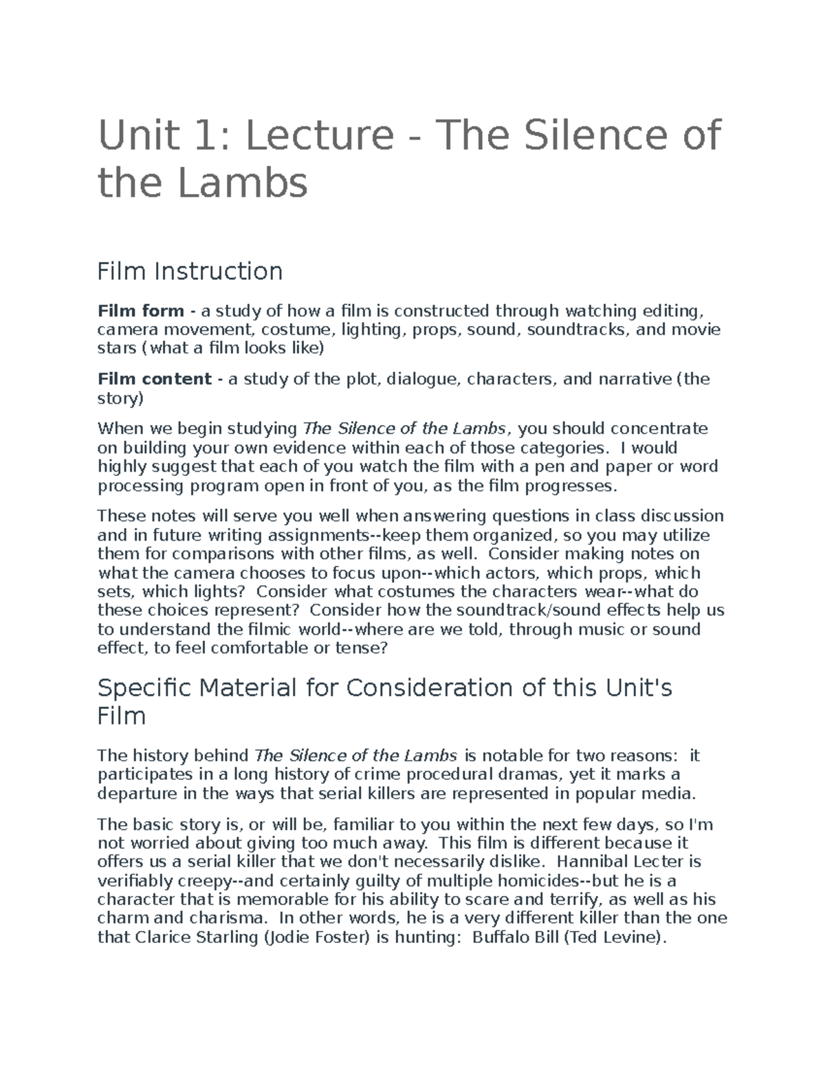 SOTL Lecture - Unit 1: Lecture - The Silence of the Lambs Film ...