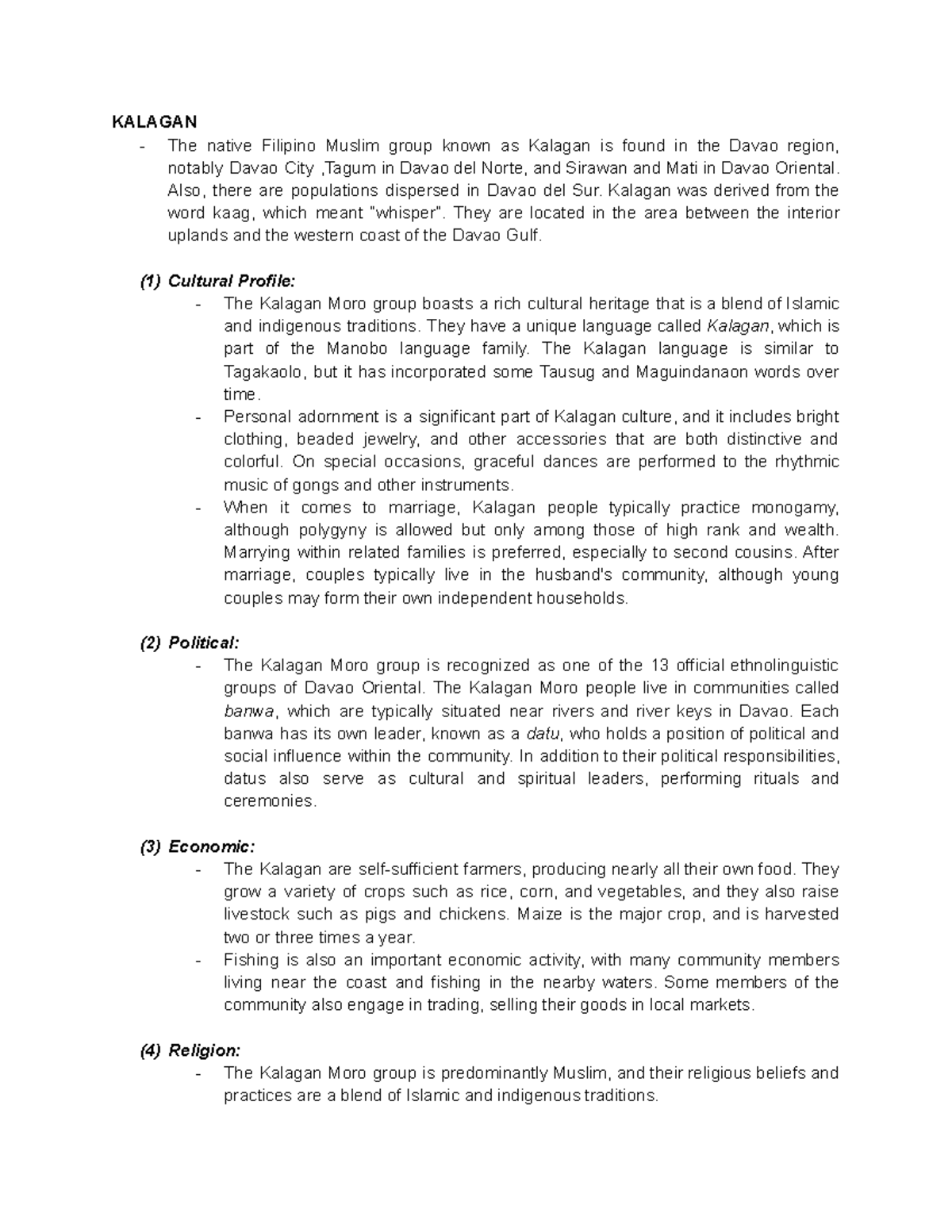 Kalagan - Also, there are populations dispersed in Davao del Sur ...