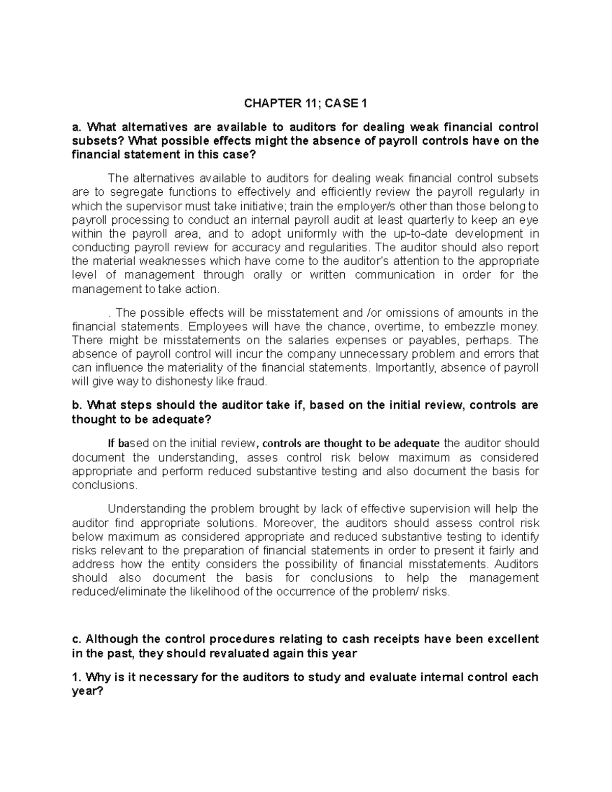 Auditing- Chapter 11;Case 1 - CHAPTER 11; CASE 1 a. What alternatives ...