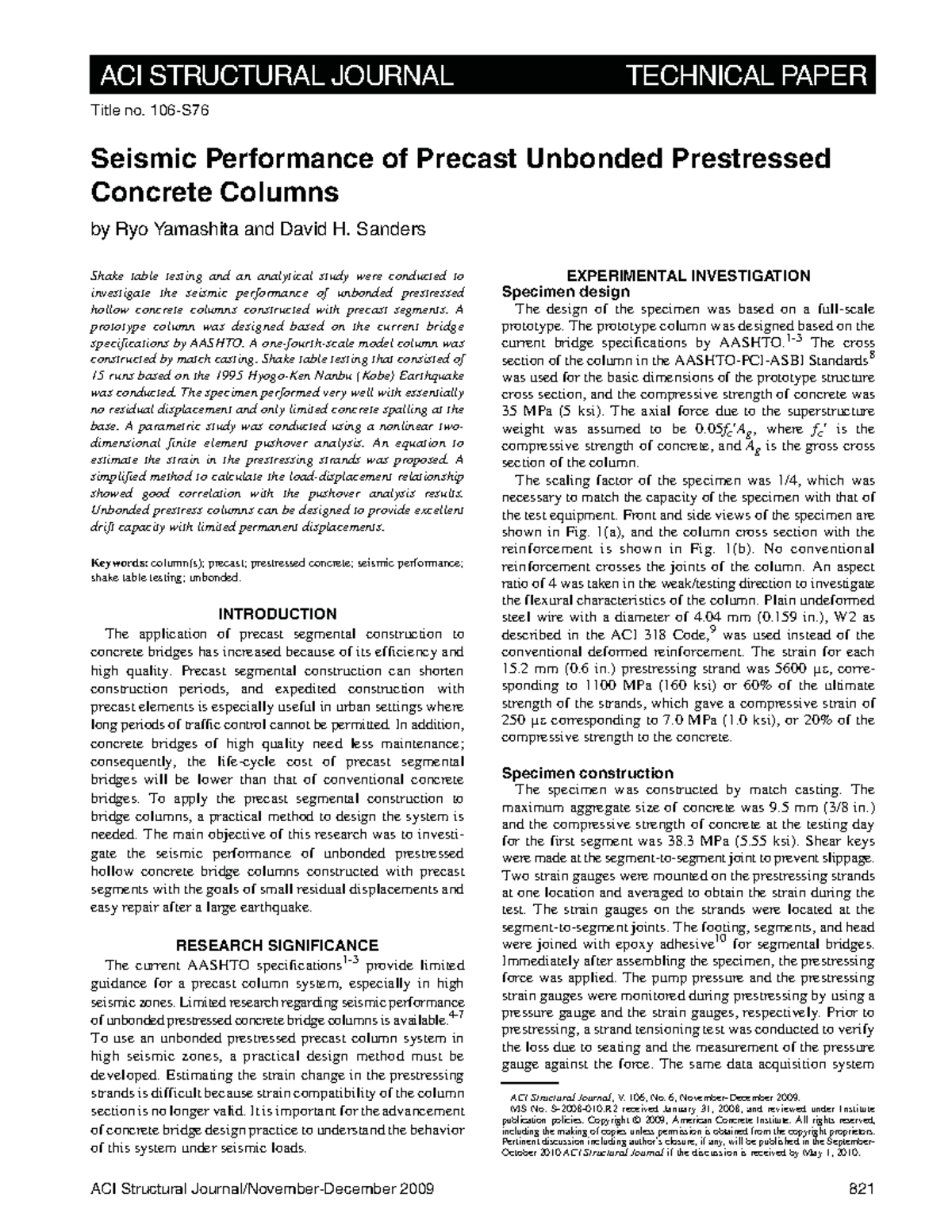 Seismic Performance of Precast - ACI Structural Journal, V. 106, No. 6 ...