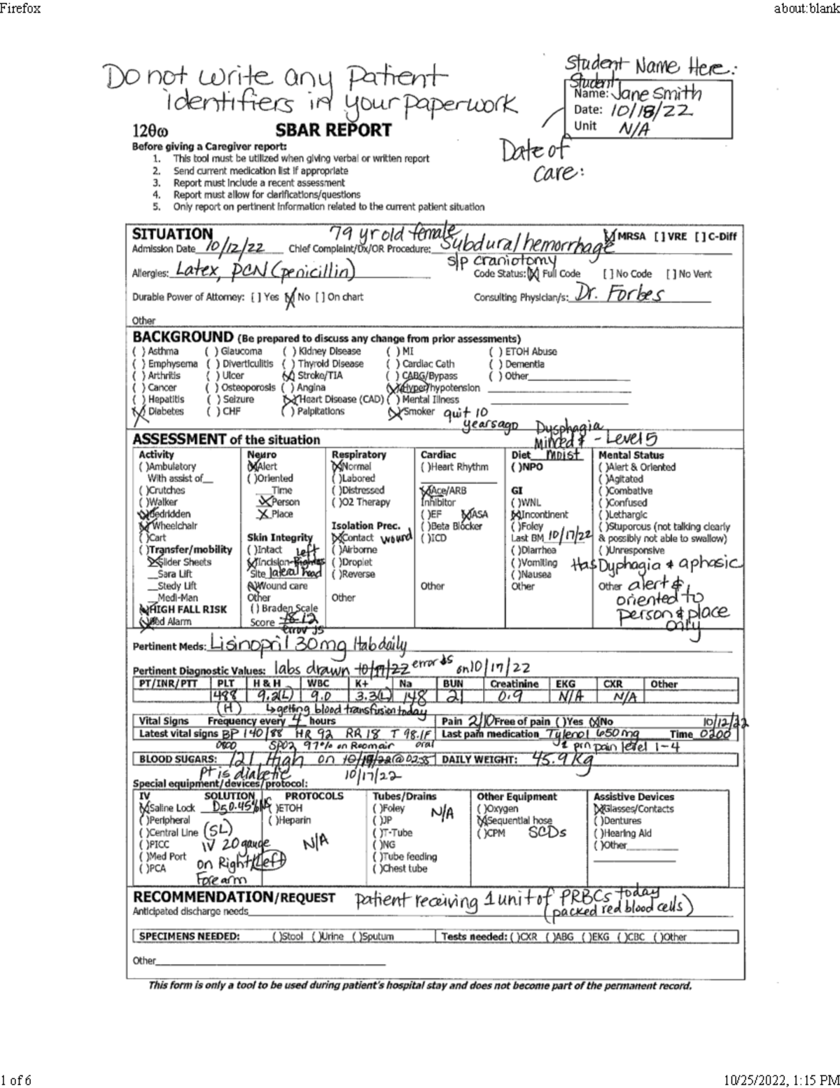 SBAR Example - NURS 4220 - Studocu