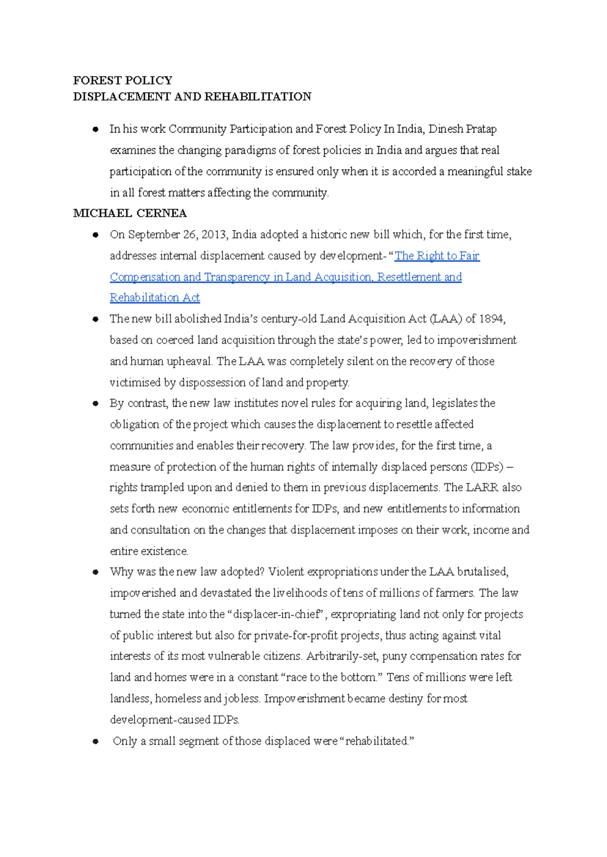 Forest Policy - MICHAEL CERNEA On September 26, 2013, India adopted a ...