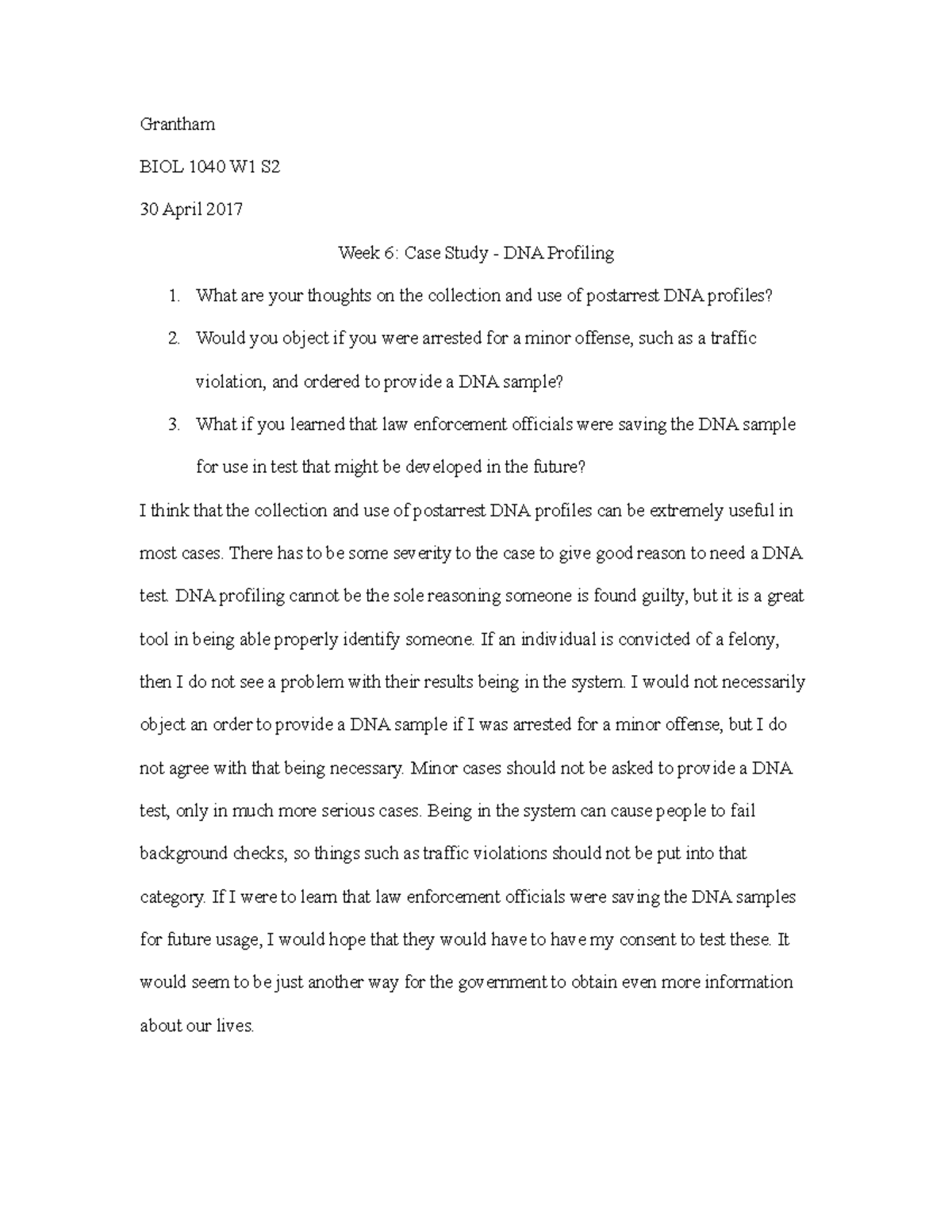 Week 6 Case Study DNA Profiling - Grantham BIOL 1040 W1 S 30 April 2017 ...