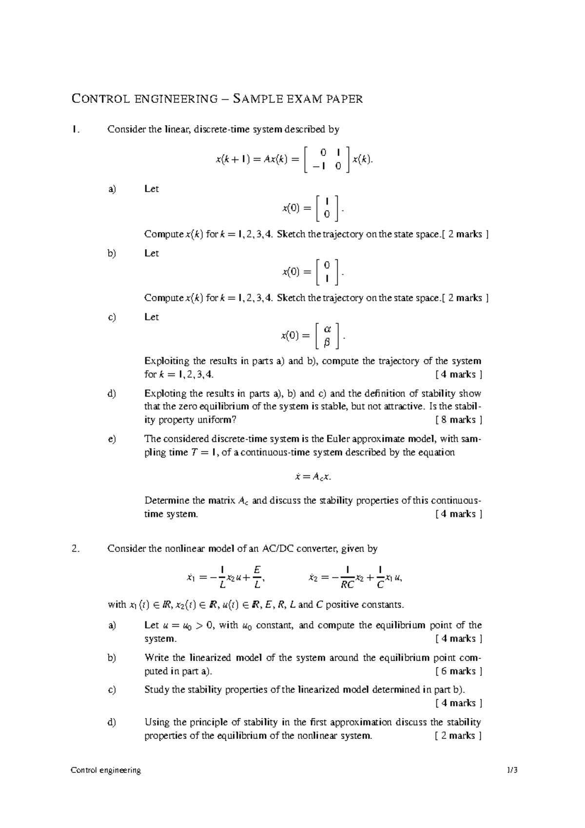 Sample/practice exam 2018, questions - C ONTROL ENGINEERING – S AMPLE ...